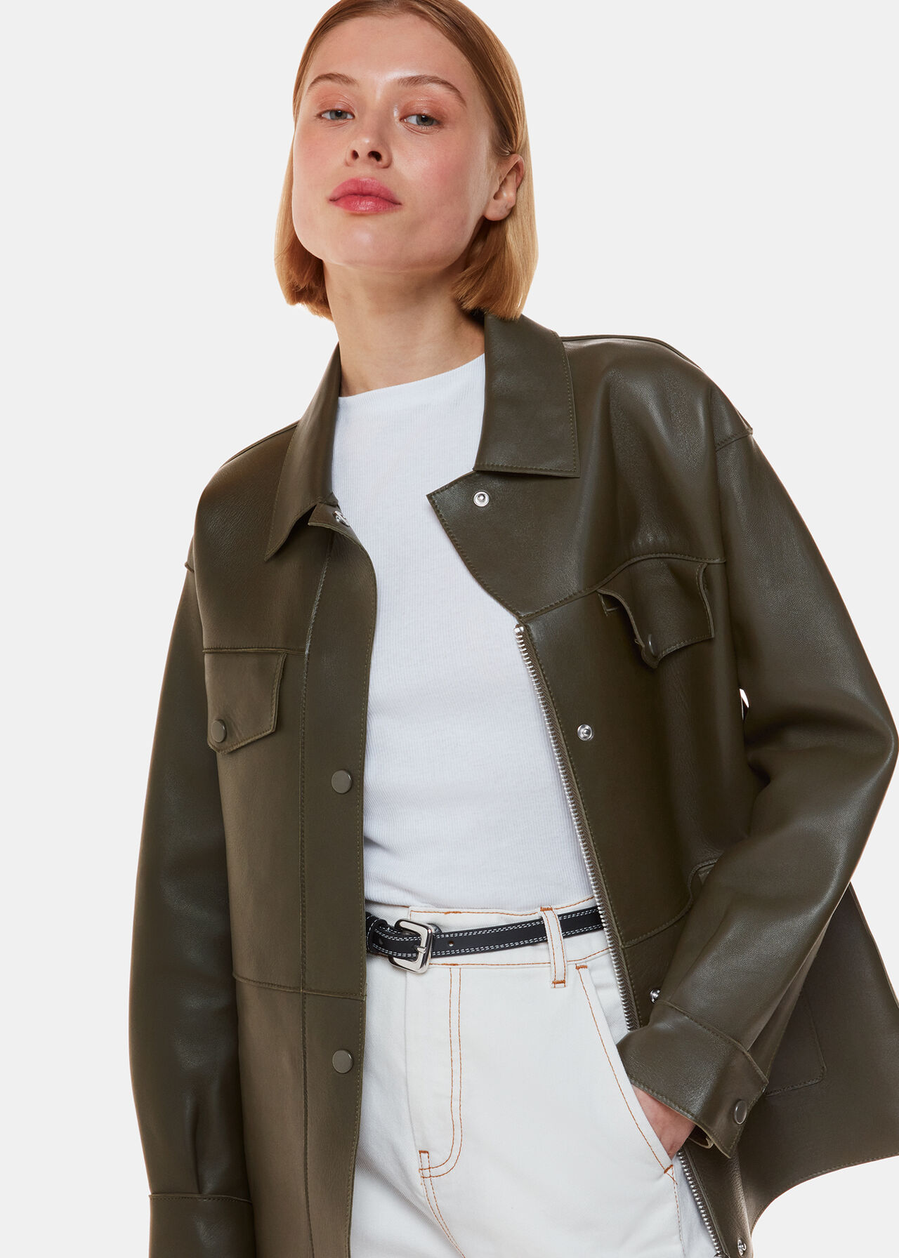 Khaki Clean Bonded Leather Jacket | WHISTLES | Whistles US