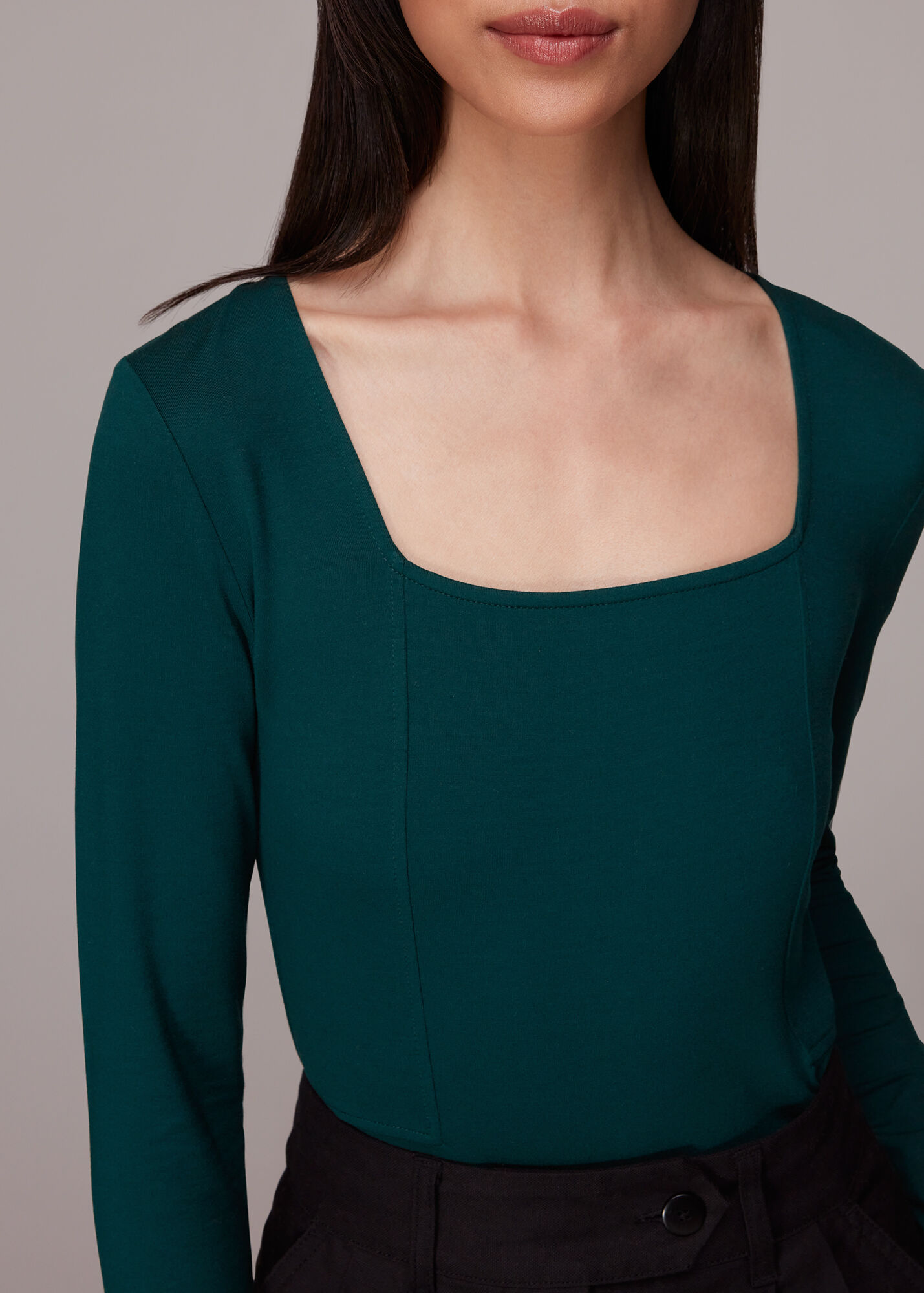 Dark Green Square Neck Long Sleeve Top | WHISTLES