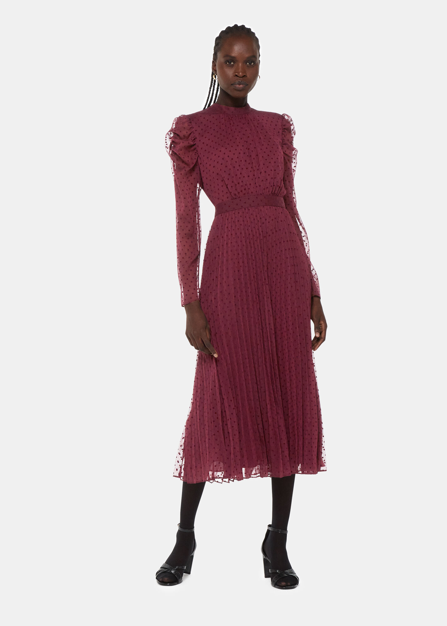 Burgundy Dobby Velvet Celia Dress | WHISTLES | Whistles UK