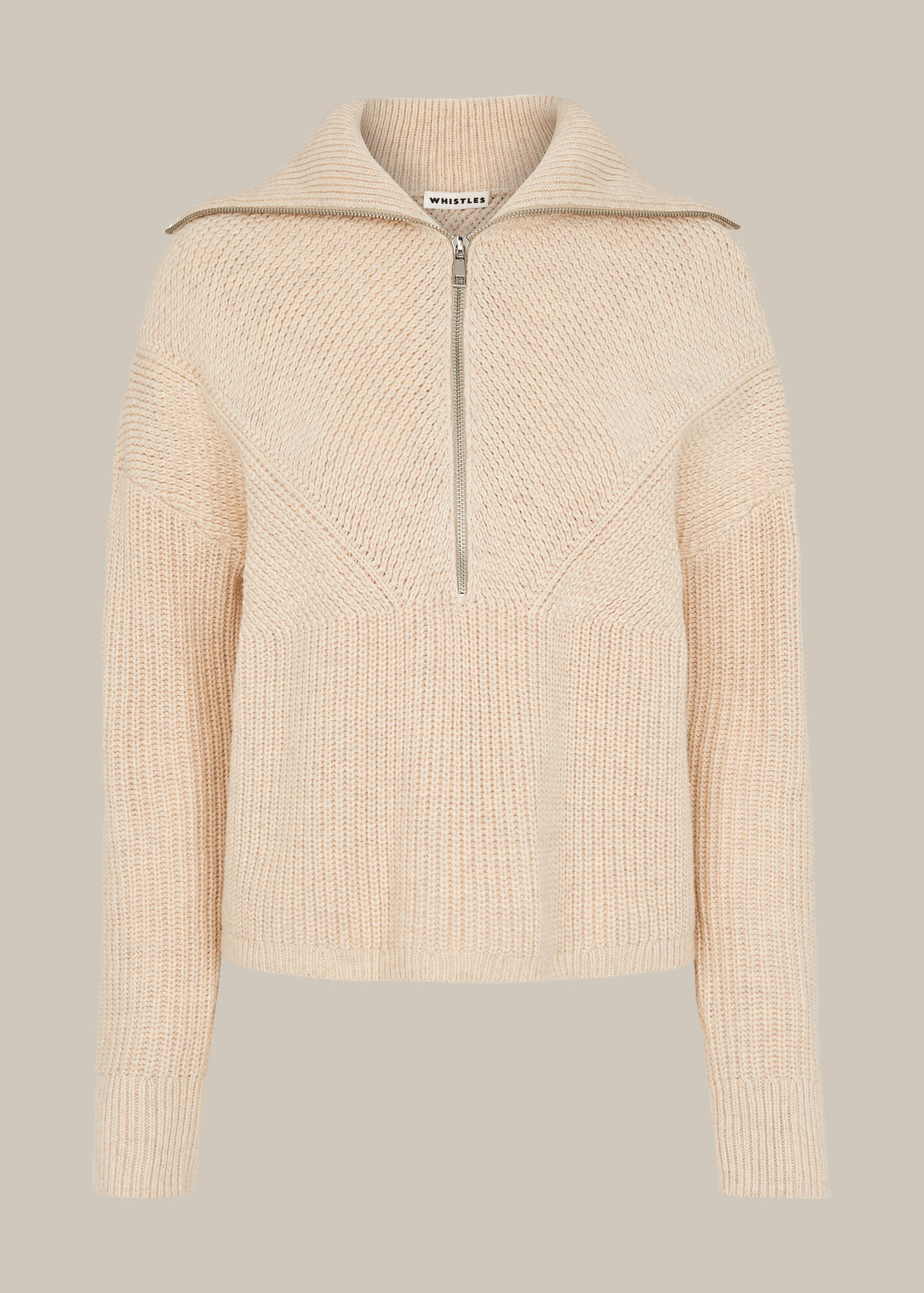 Oatmeal Knitted Zip Neck Sweater | WHISTLES | Whistles UK