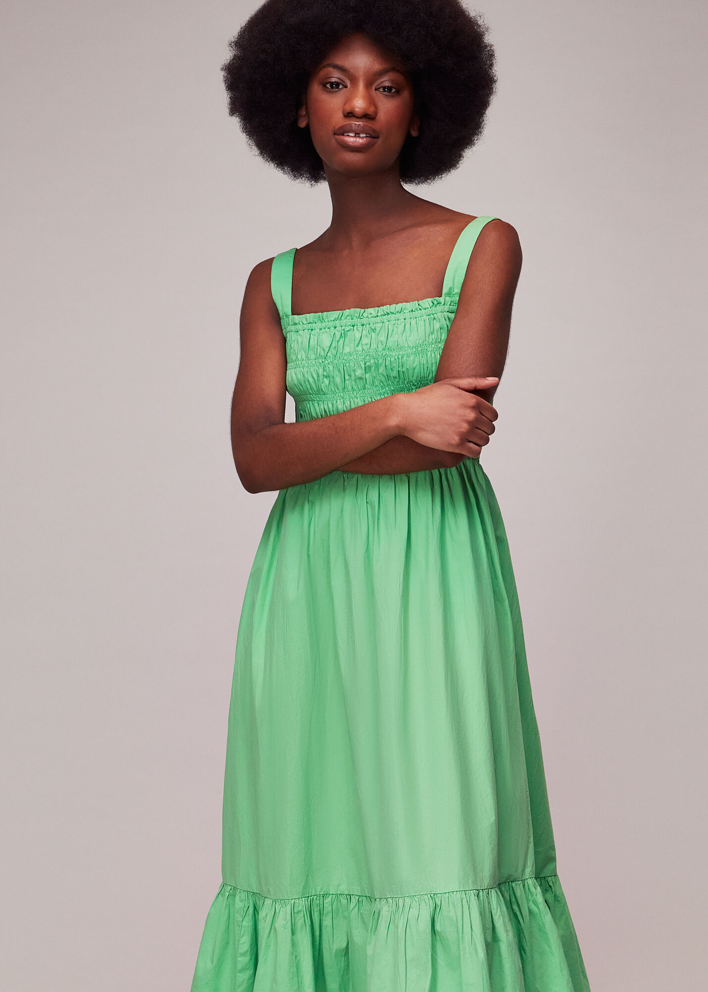Green Greta Ruched Poplin Dress | WHISTLES | Whistles UK
