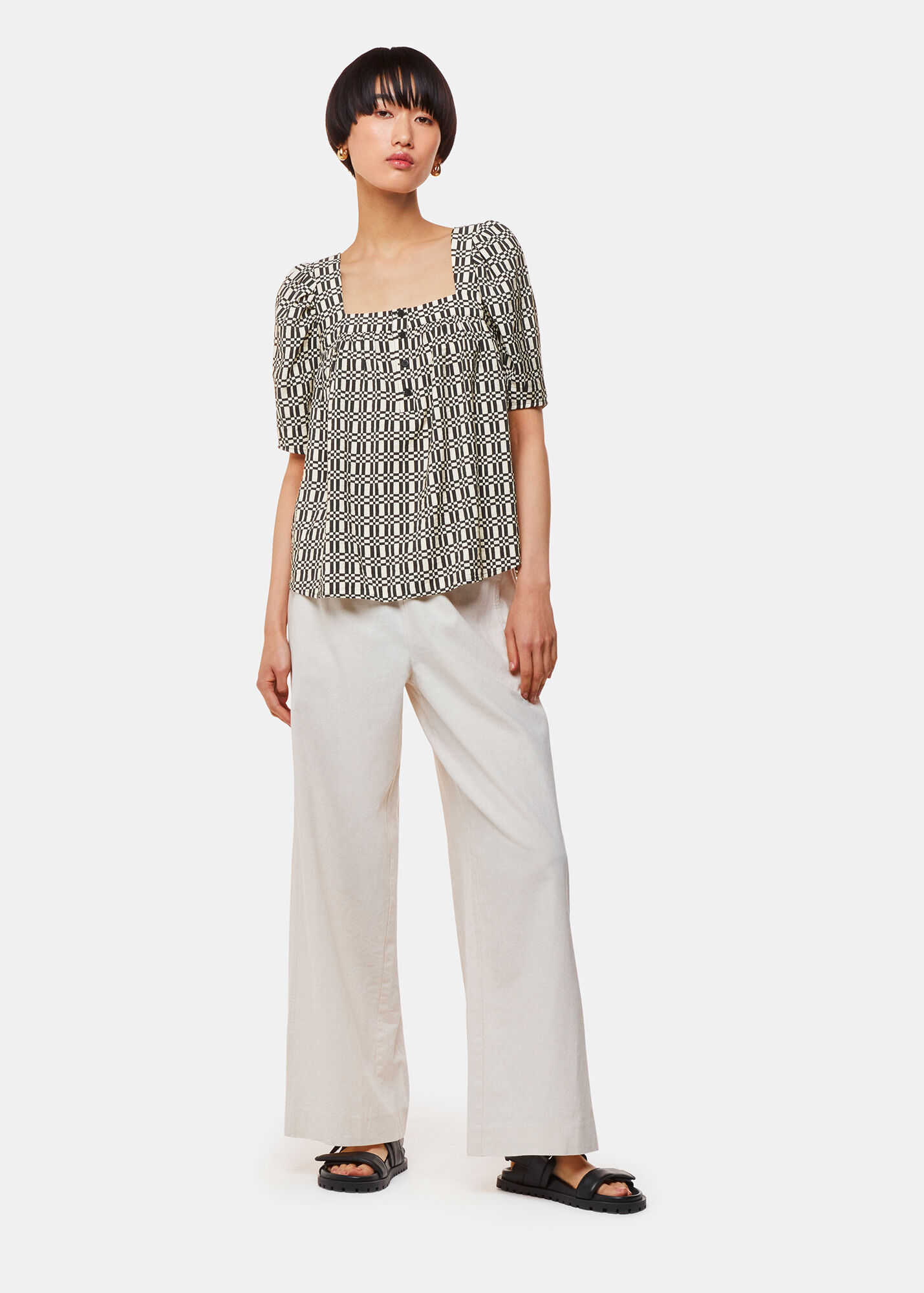 Black/Multi Link Check Square Neck Top | WHISTLES | Whistles US