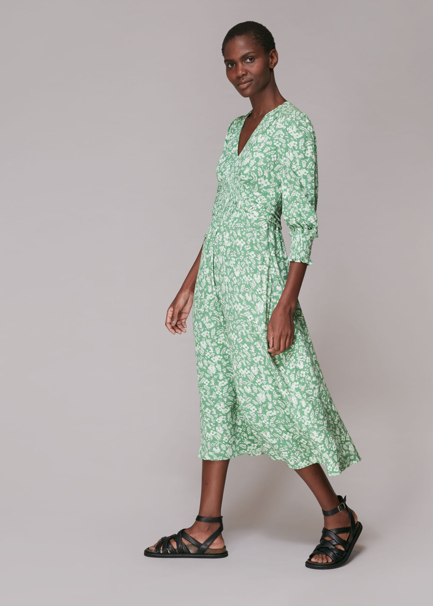 Green/Multi Shirred Wheat Floral Dress | WHISTLES | Whistles UK