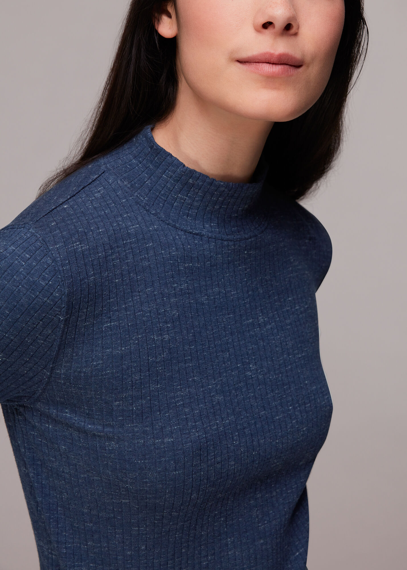 Navy/Multi Rib High Neck Melange Top | WHISTLES | Whistles UK