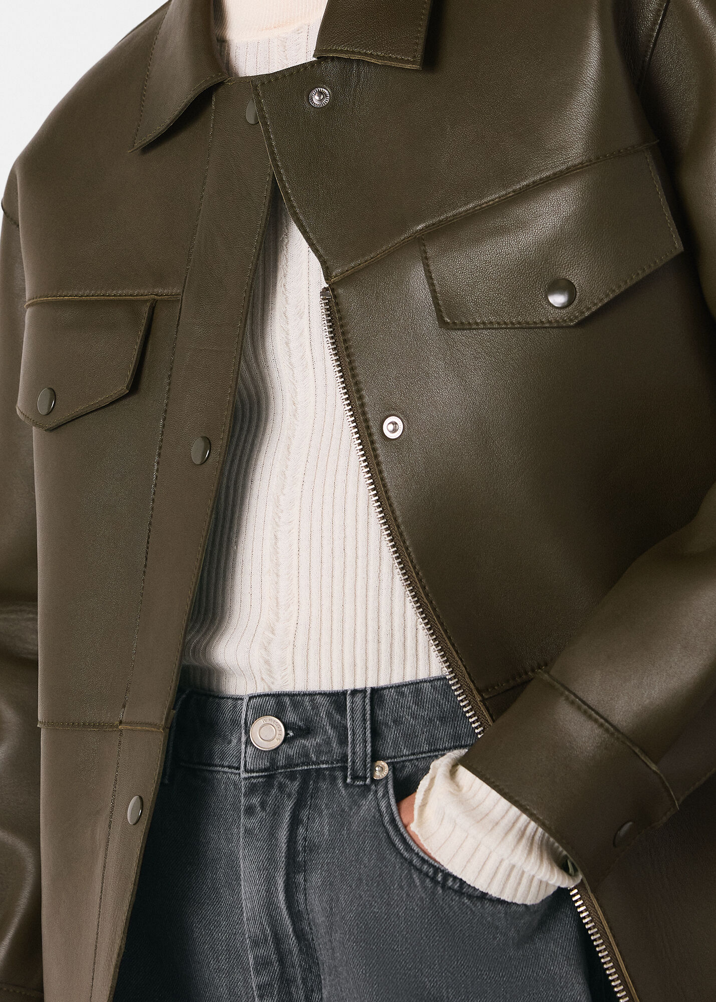 Khaki Clean Bonded Leather Jacket | WHISTLES | Whistles UK