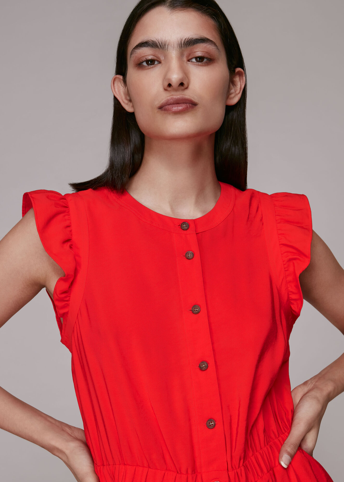 Red Frill Sleeve Button Jumpsuit | WHISTLES | Whistles UK