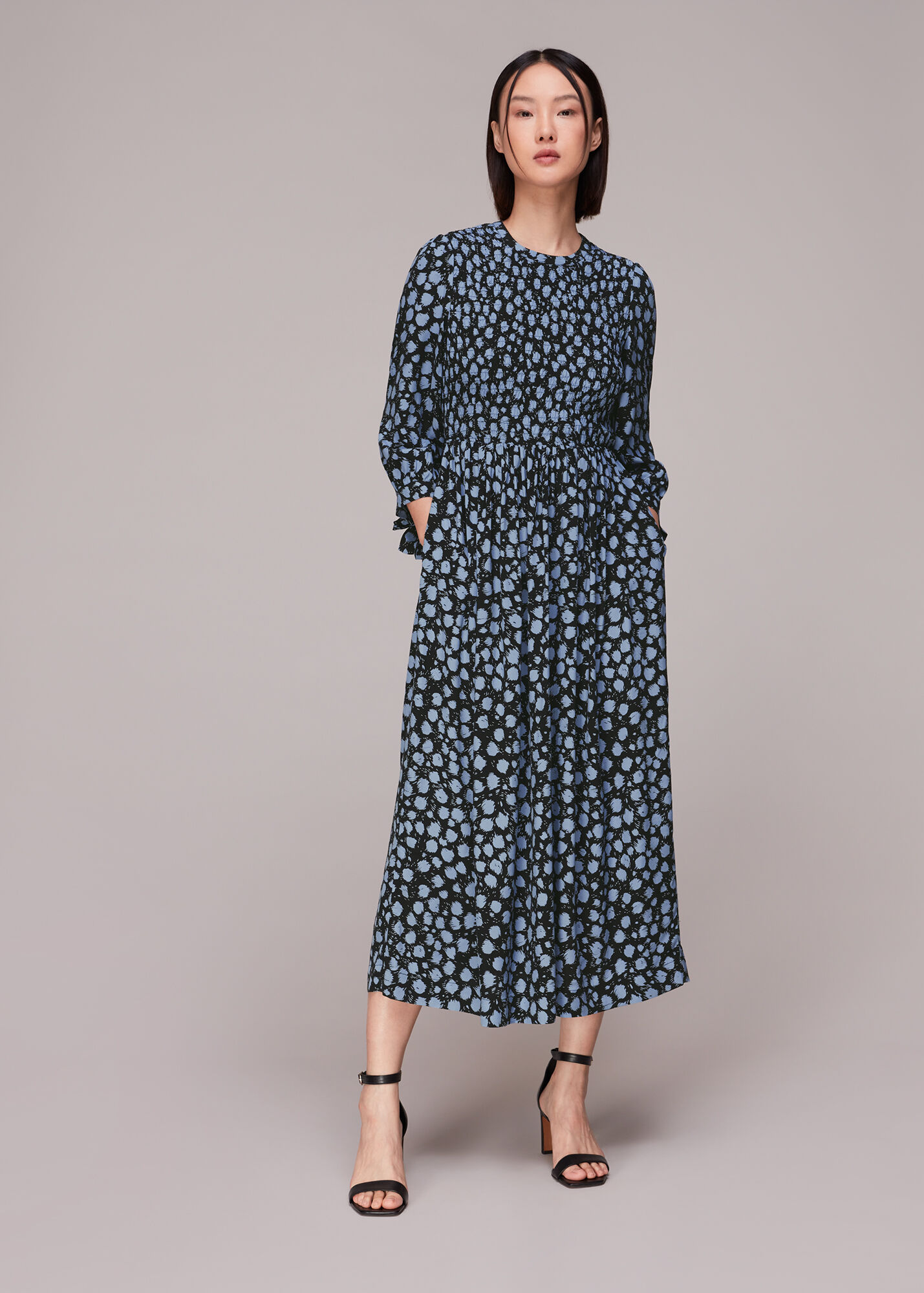 Blue/Multi Dalmatian Shirred Midi Dress | WHISTLES | Whistles US
