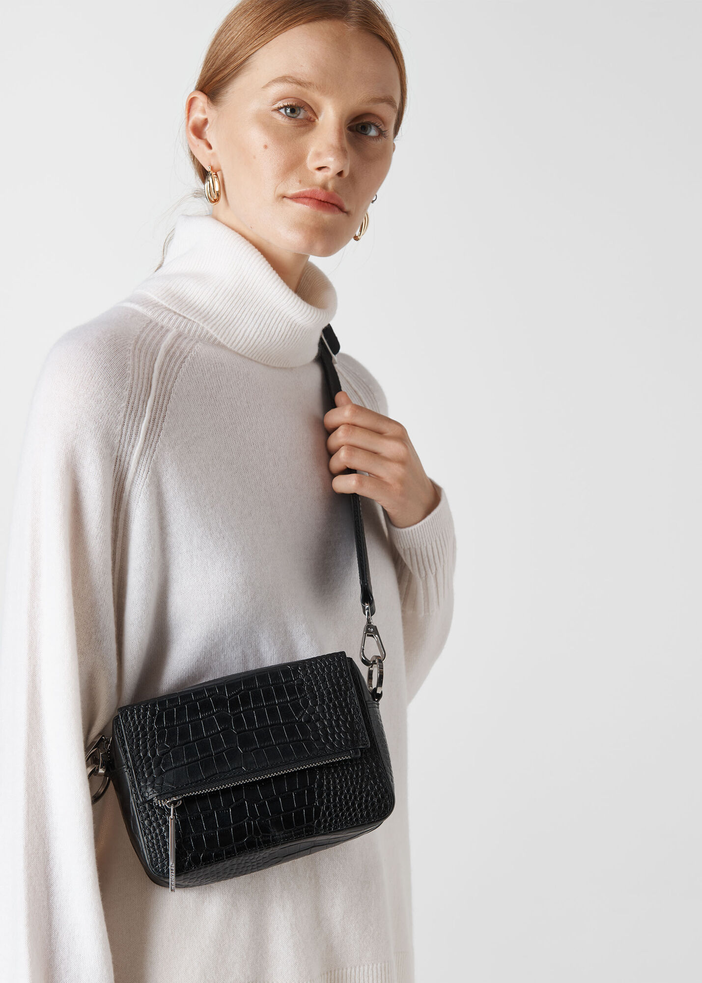 Black Millie Croc Crossbody Bag | WHISTLES | Whistles UK