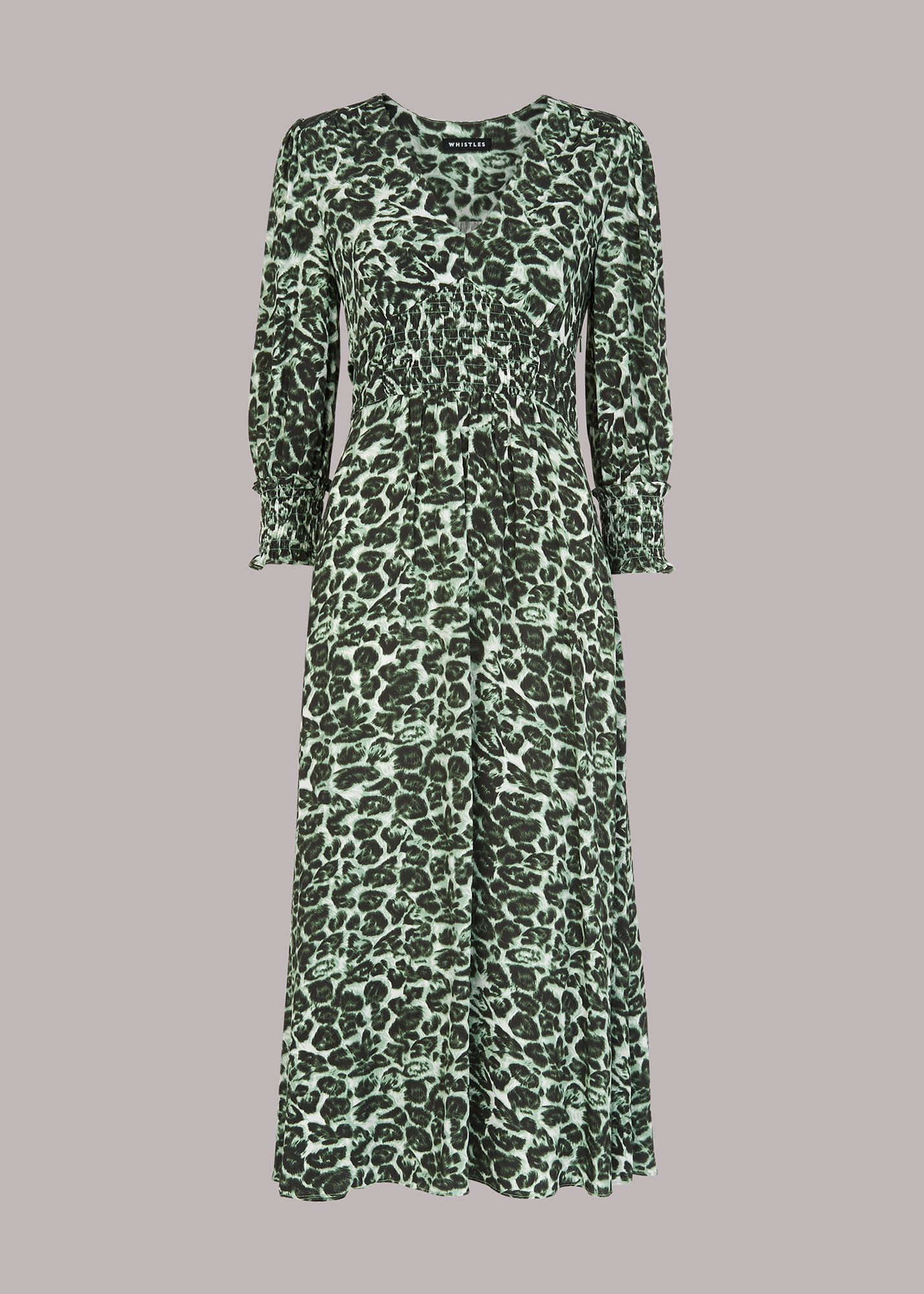 Green/Multi Clouded Leopard Shirred Dress | WHISTLES | Whistles UK
