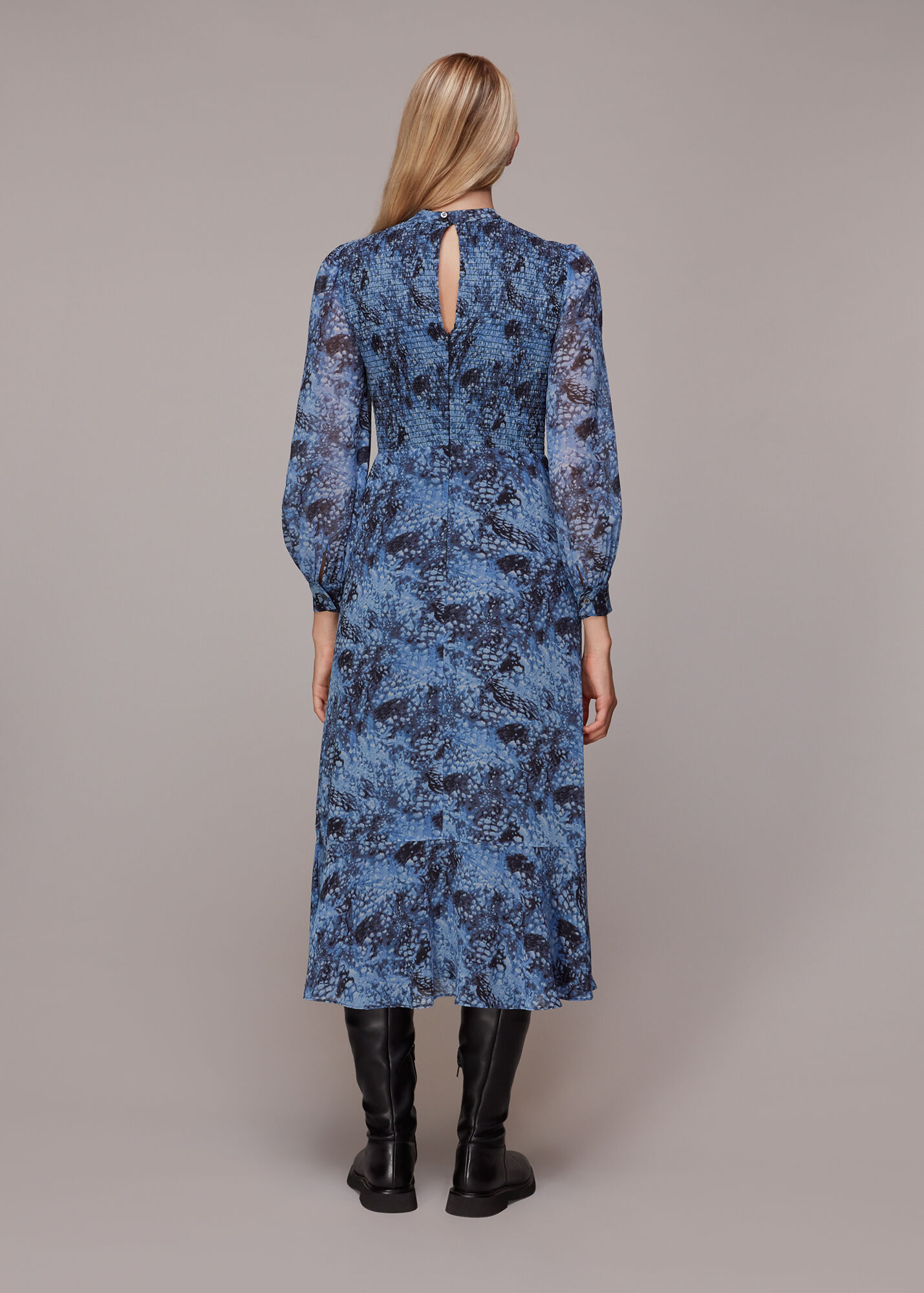 Blue/Multi Snow Flurry Shirred Midi Dress | WHISTLES | Whistles US