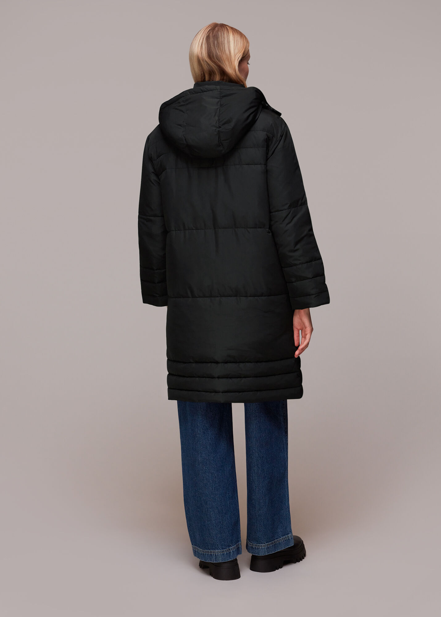 Black Longline Hooded Puffer Coat | Whistles | Whistles UK