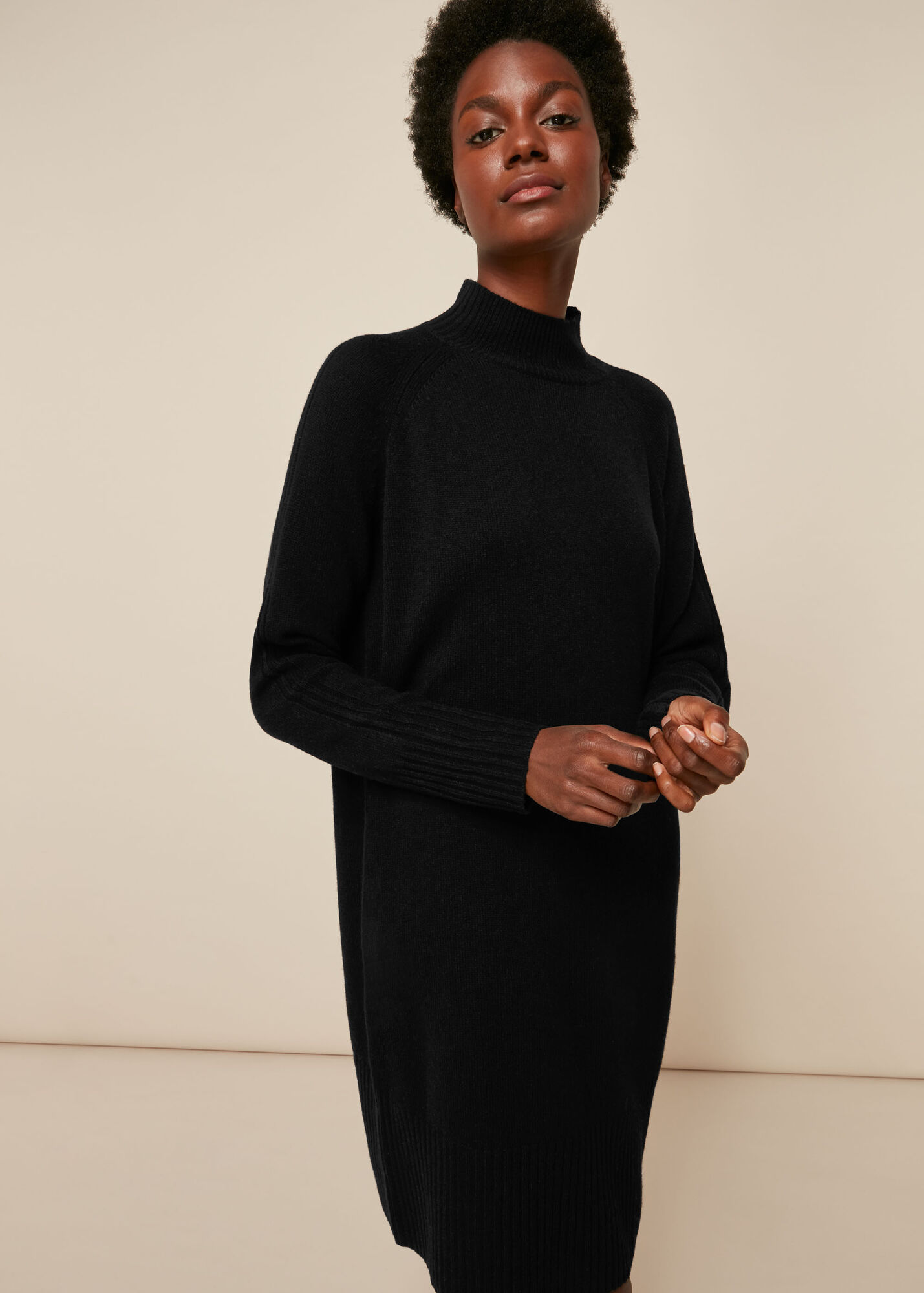 Black Funnel Neck Wool Knit Dress | WHISTLES | Whistles UK