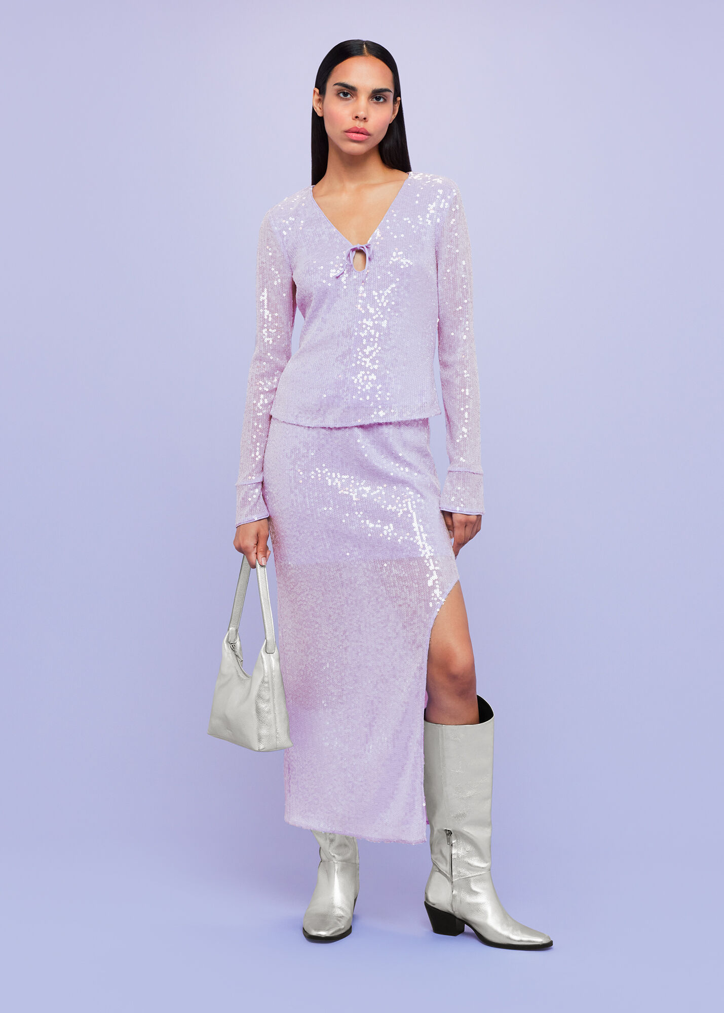 Lilac Sequin Skirt With Side Split And Zip Whistles