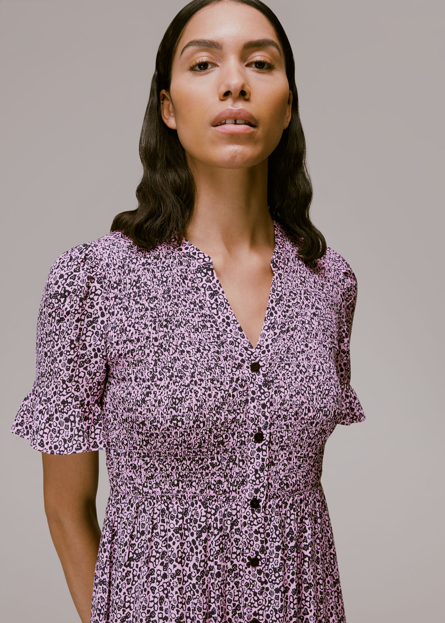 Pink/Multi Aria Flower Stamp Midi Dress | WHISTLES | Whistles UK