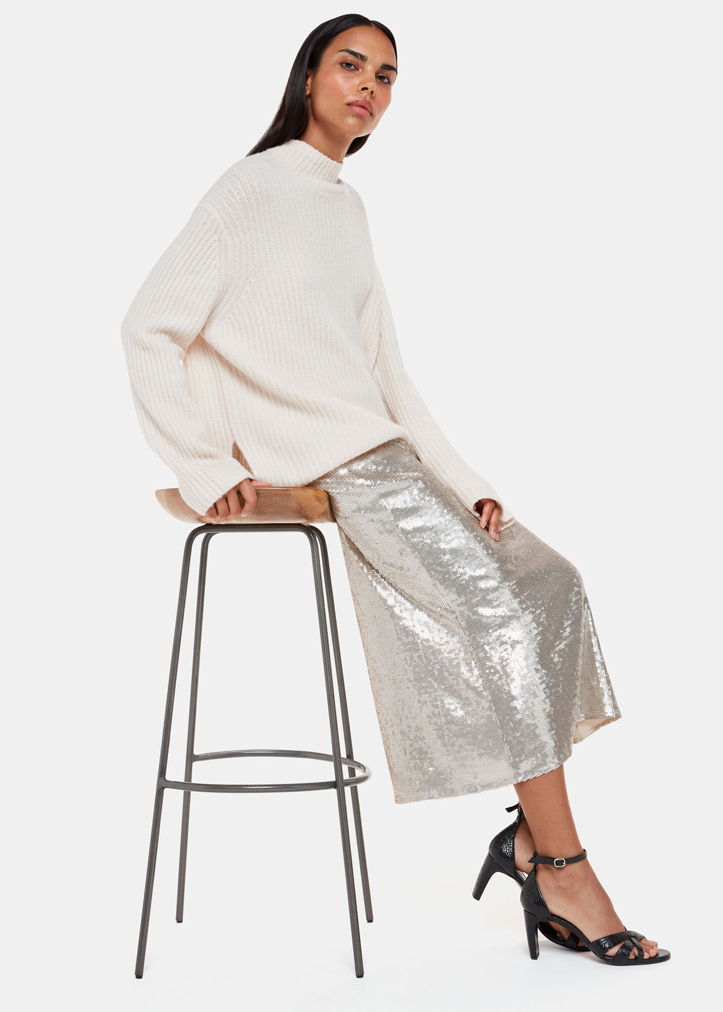 Silver Sequin Midi Skirt With Zip Whistles Whistles Uk