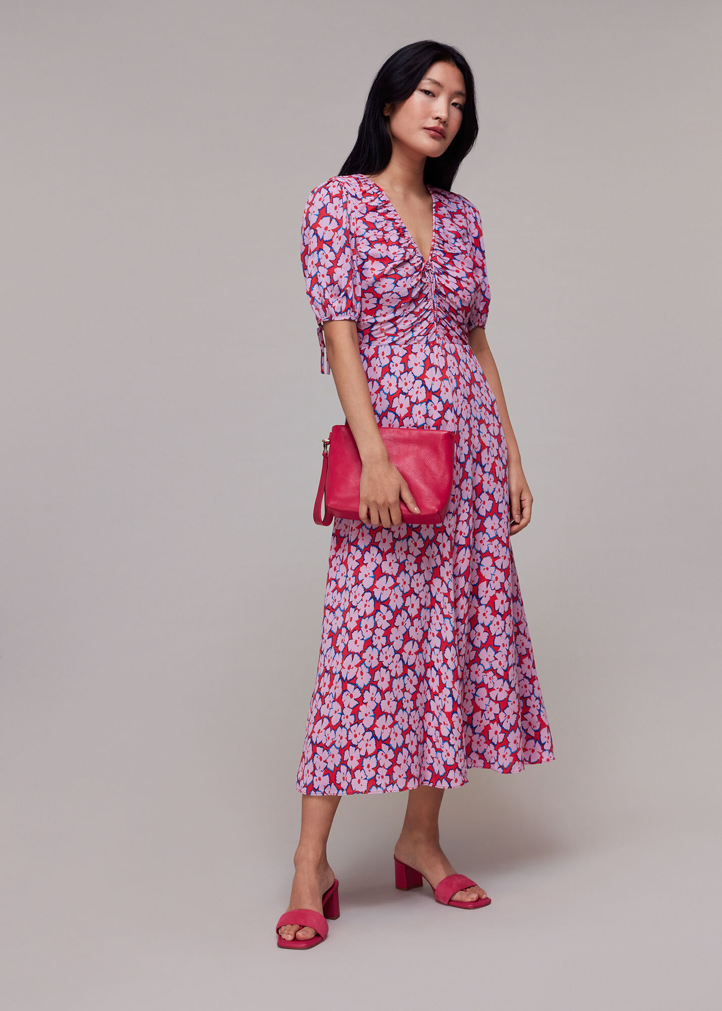 Pink/Multi Farfalle Flower Midi Dress | WHISTLES | Whistles UK