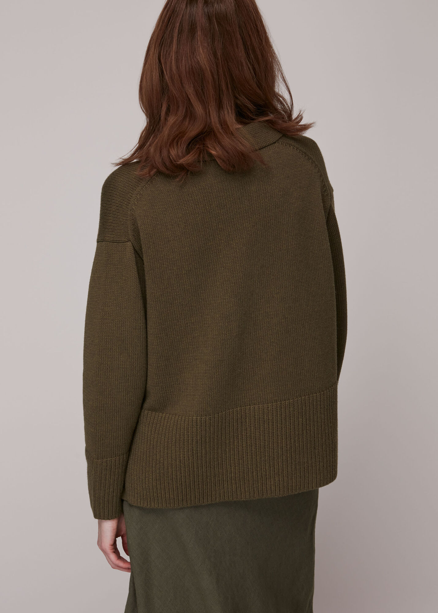Khaki Button Front Polo Knit | WHISTLES | Whistles UK