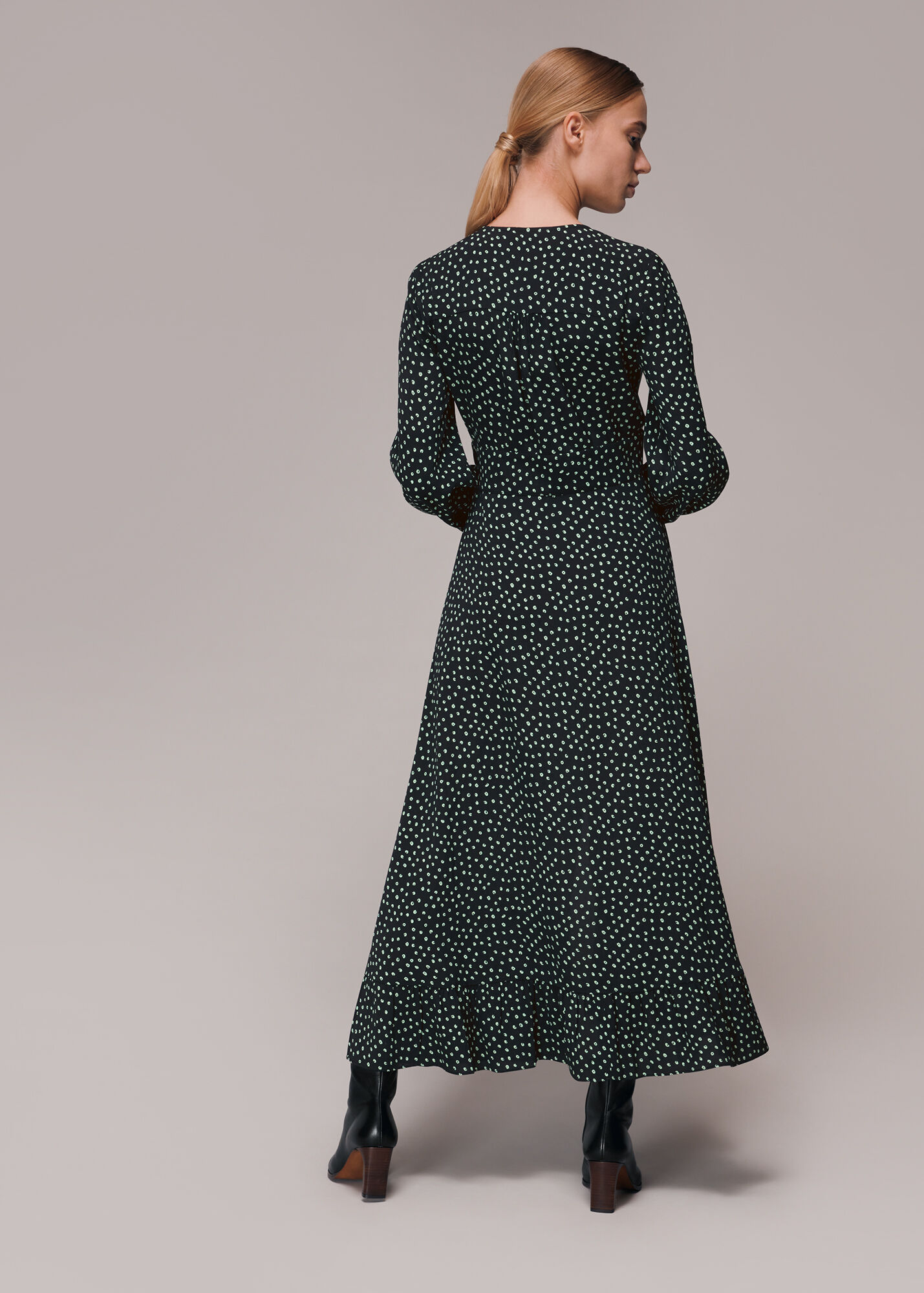 Black/Multi Stamp Spot Print Midi Dress | WHISTLES | Whistles UK