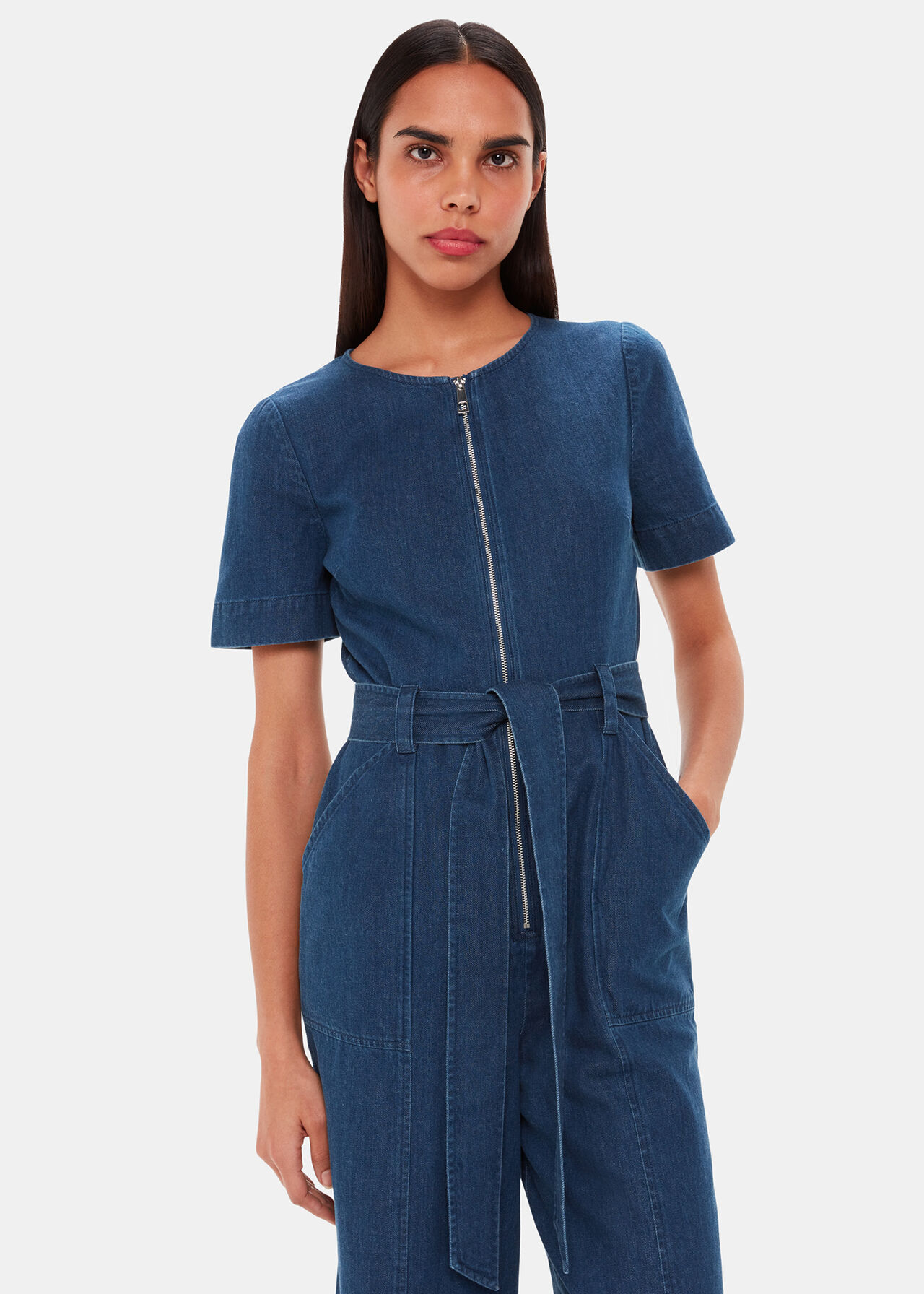 Blue Denim Short Sleeve Front Zip Jumpsuit Whistles Uk