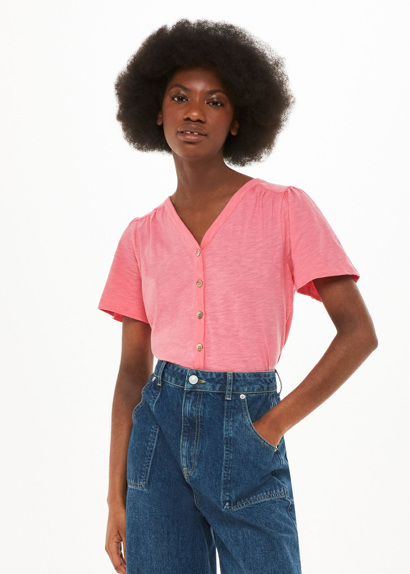 Pink Maeve V Neck Button Front Tee | WHISTLES | Whistles UK