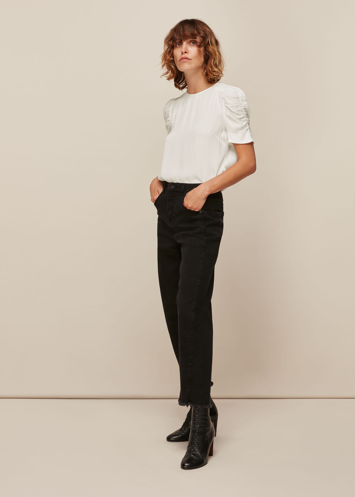 Ivory/Multi Ruched Sleeve Nelly Shell Top | WHISTLES | Whistles UK