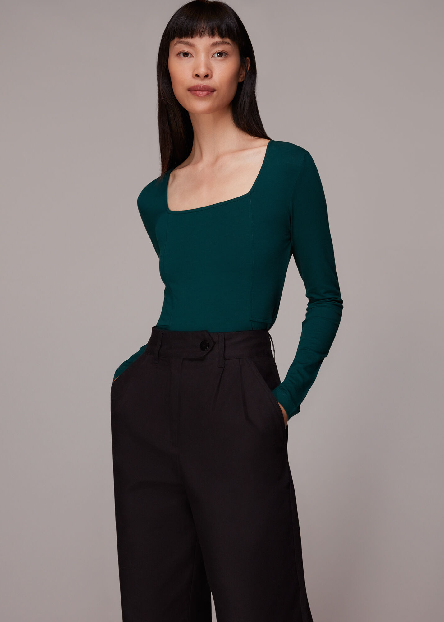 Dark Green Square Neck Long Sleeve Top | WHISTLES | Whistles UK