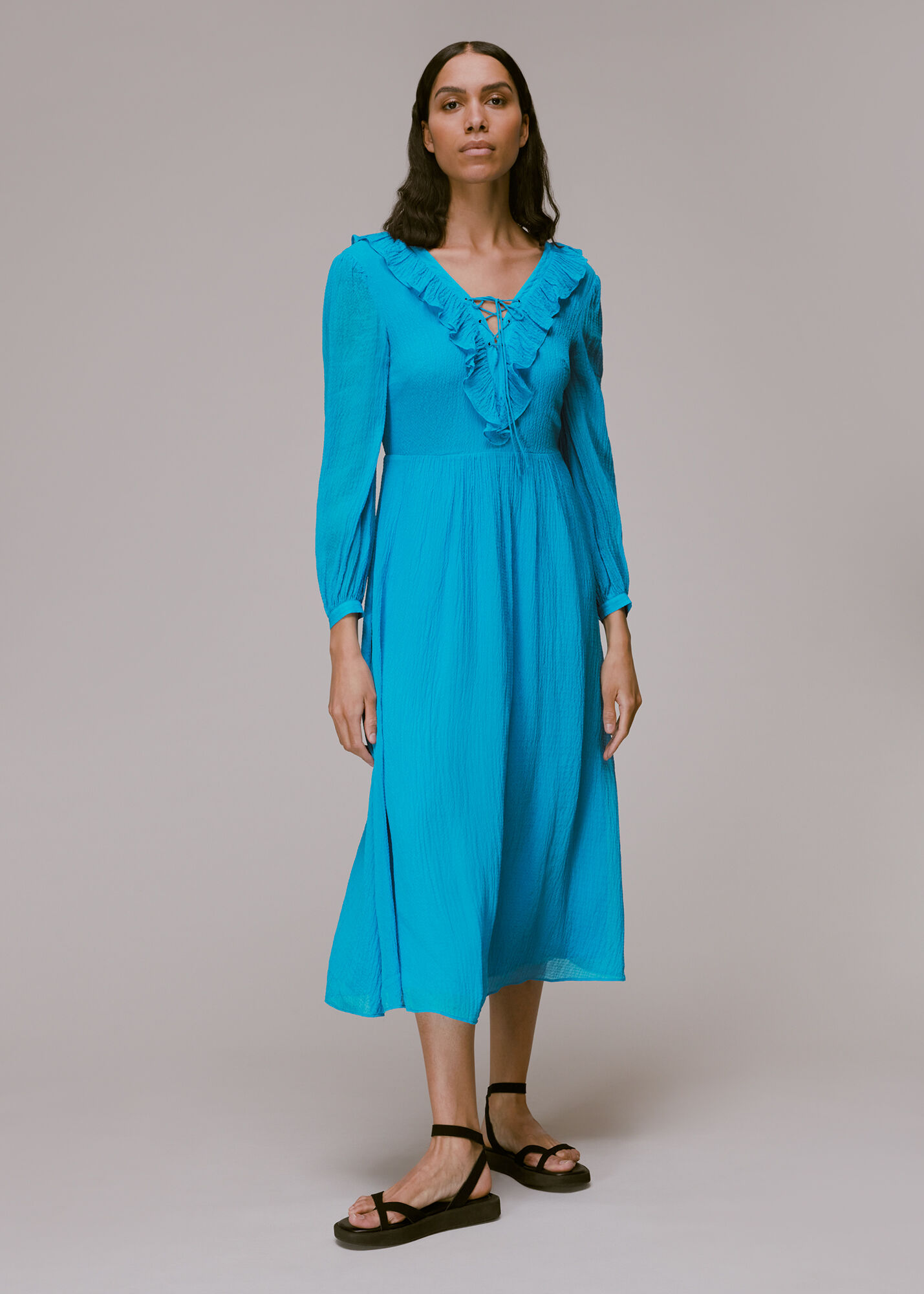 Blue Ruffle Detail Midi Dress | WHISTLES | Whistles UK