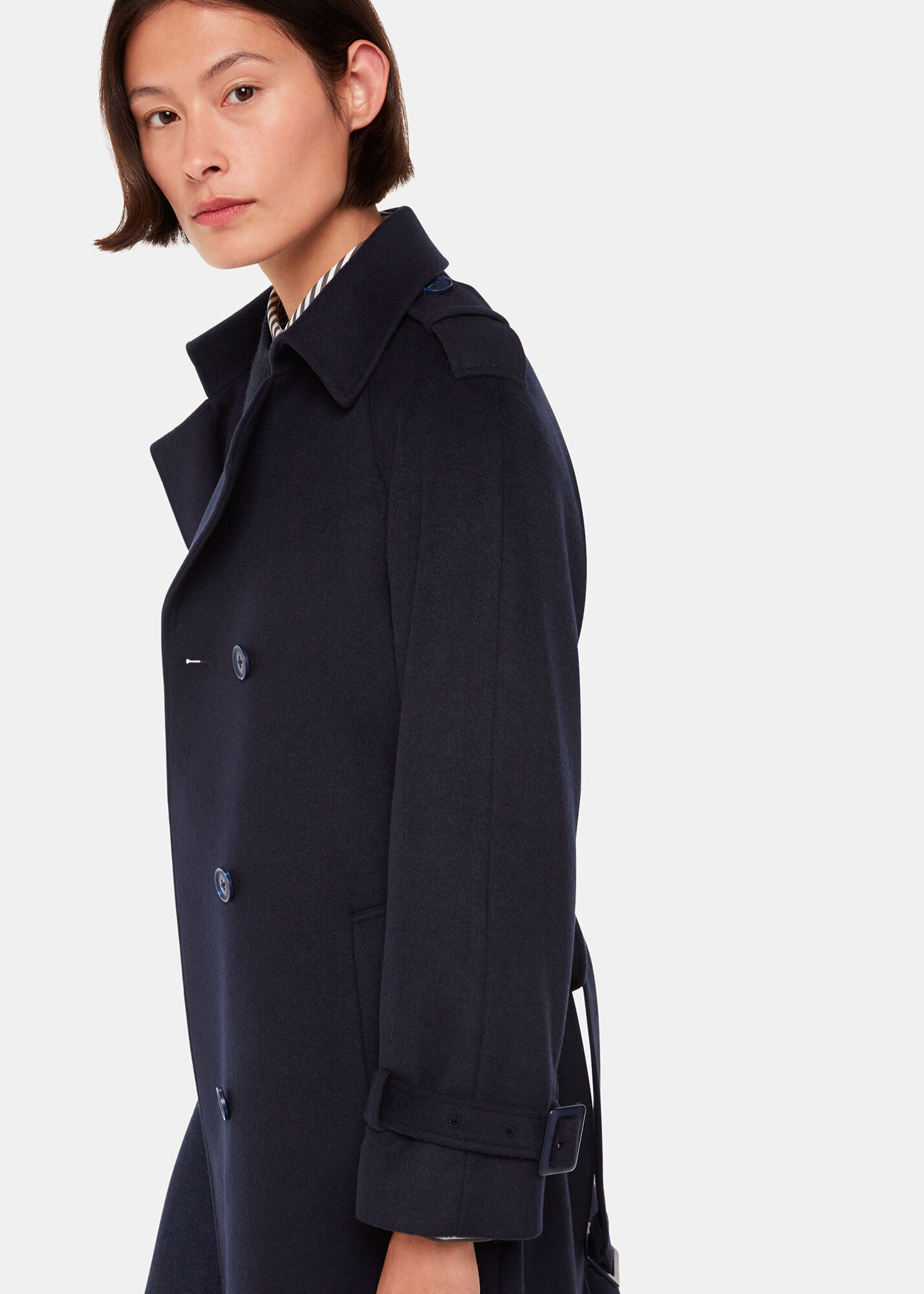 Navy Wool Longline Mac Coat with a Tie Waist | Whistles | Whistles UK