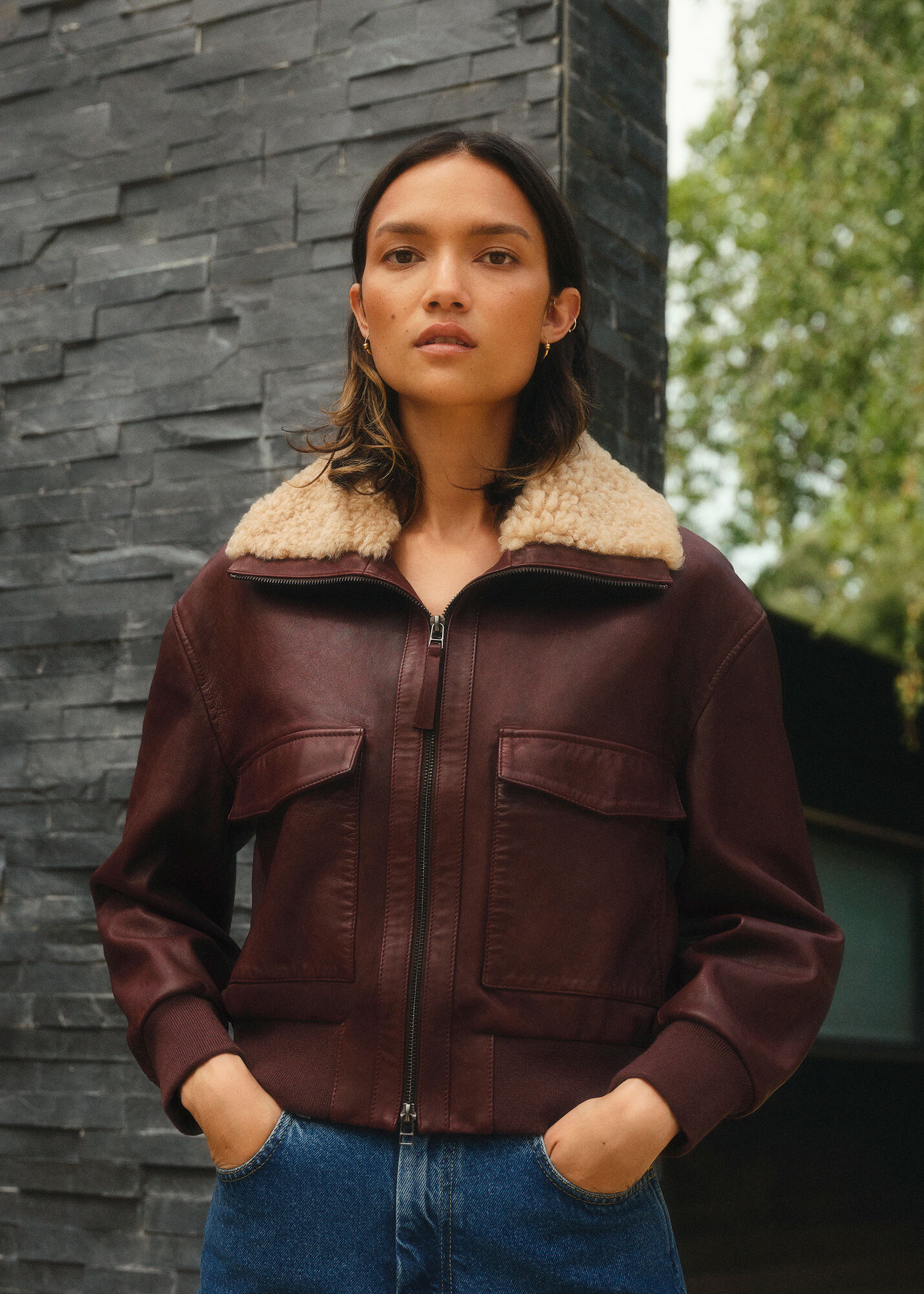 Burgundy Shearling Collar Bomber Jacket | WHISTLES | Whistles UK