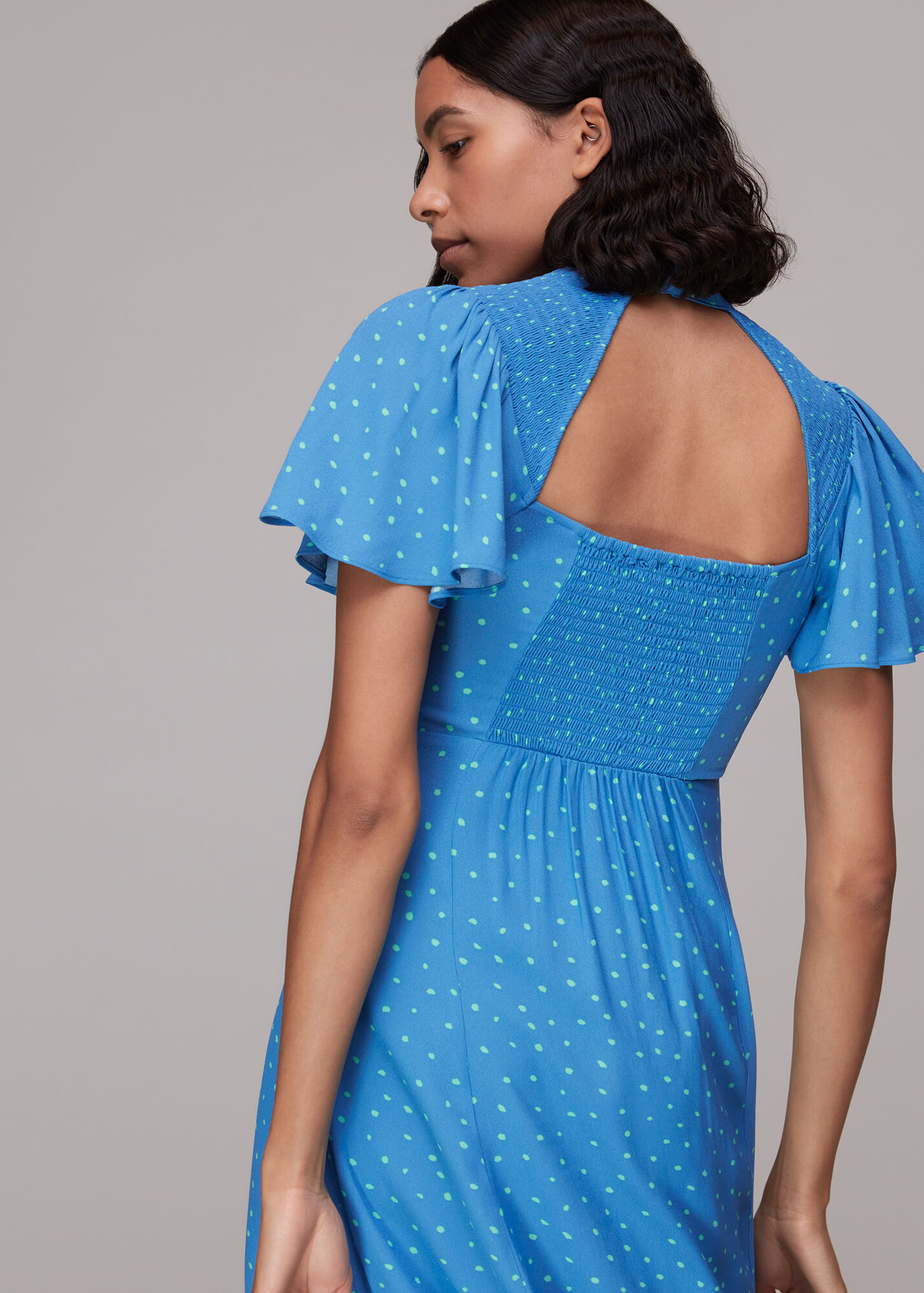 Blue/Multi Uneven Spot Print Midi Dress | WHISTLES | Whistles UK