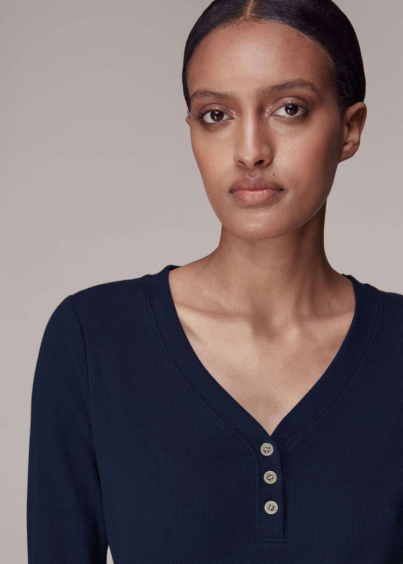 Navy Paiton Ribbed Button Front Top | WHISTLES