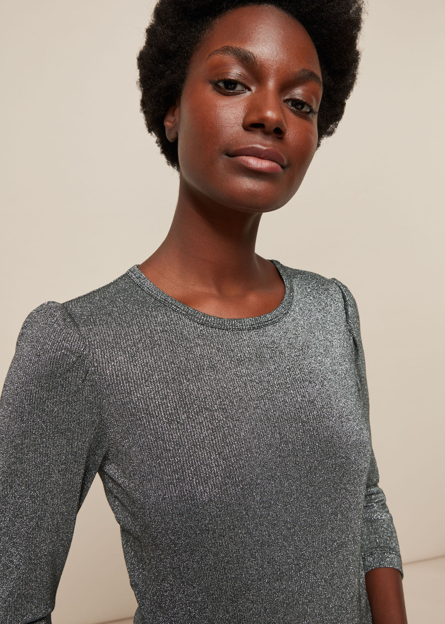 Silver Puff Sleeve Sparkle Top | WHISTLES | Whistles UK