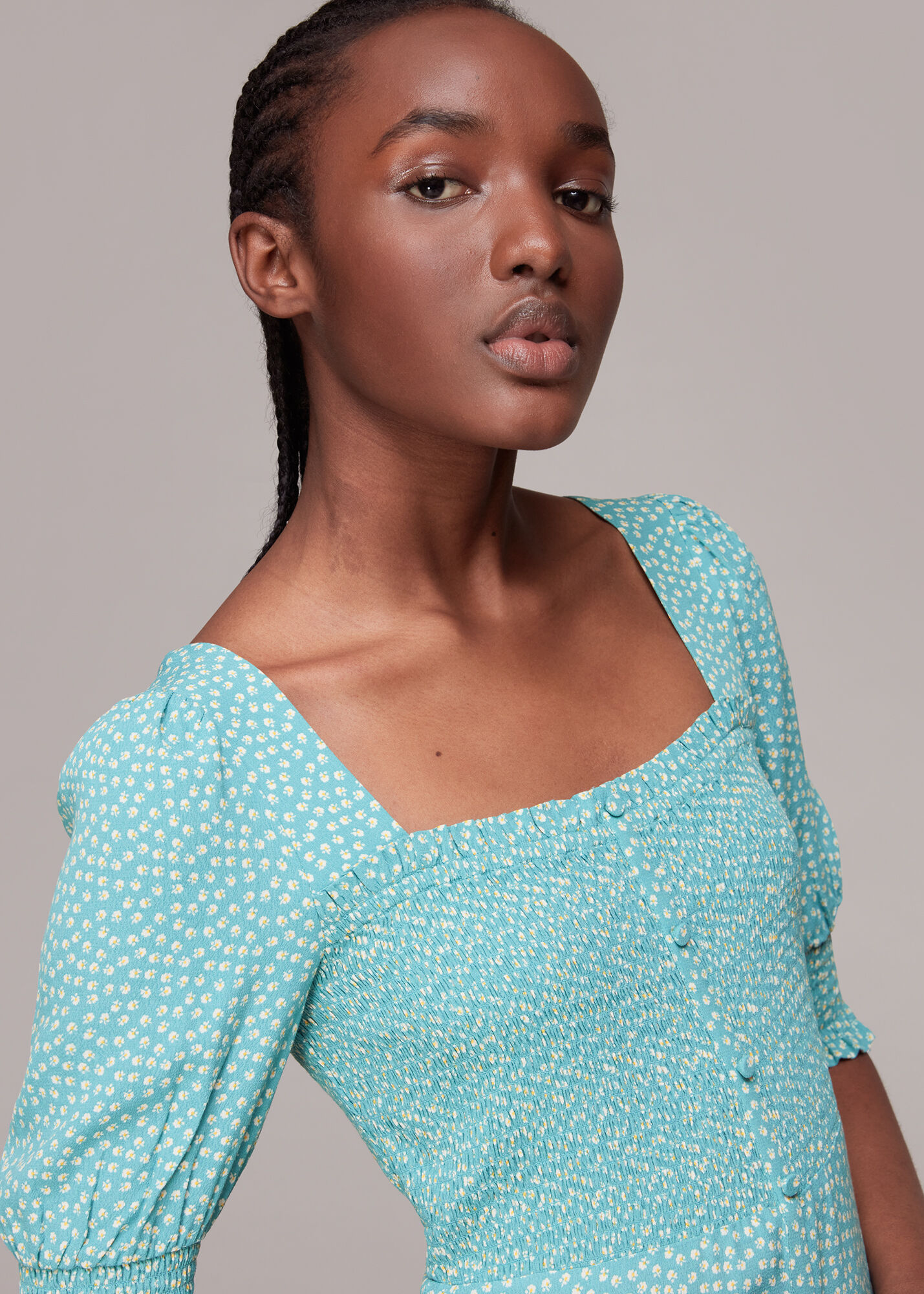 Blue/Multi Ditsy Floral Shirred Dress | WHISTLES | Whistles UK