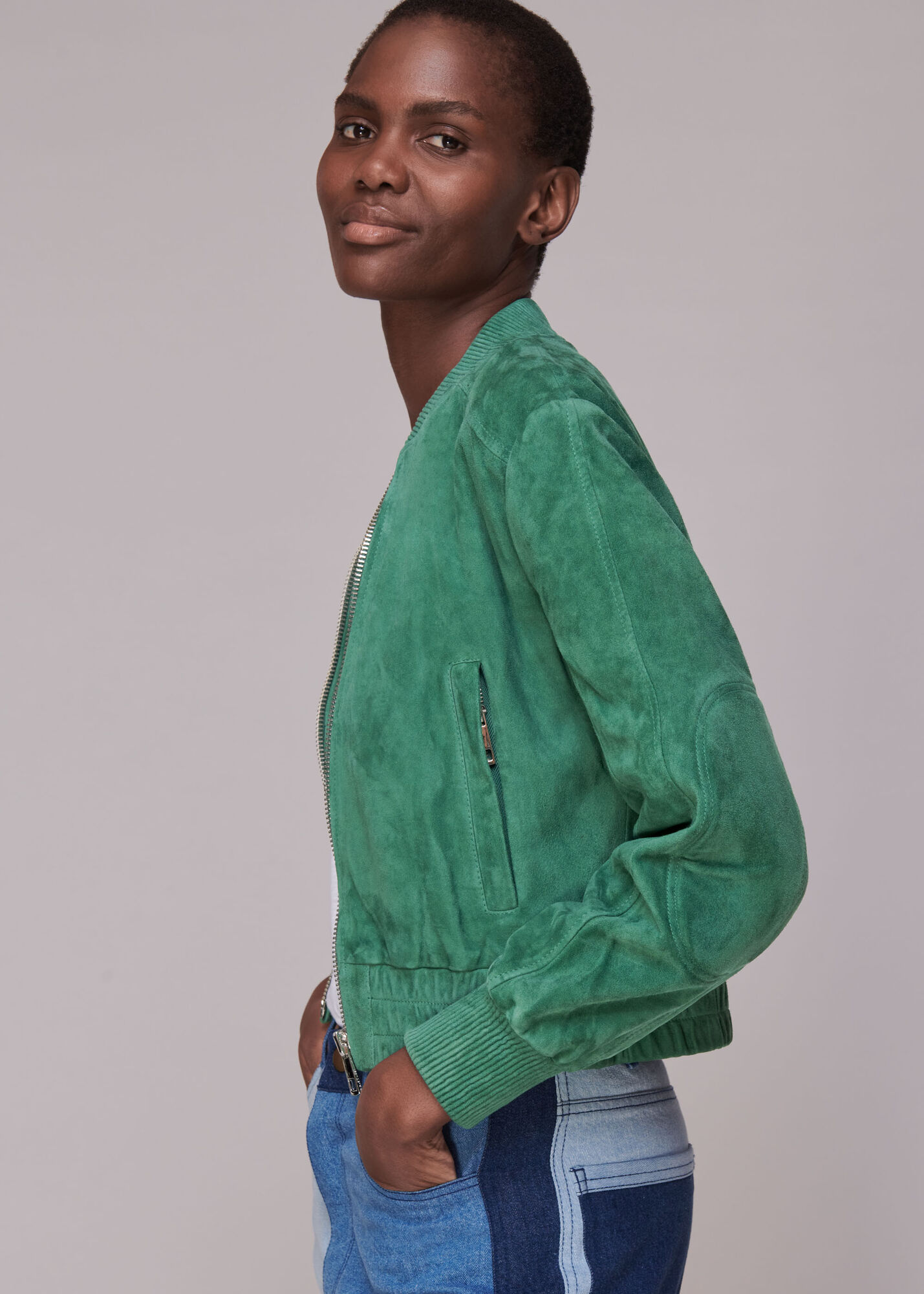 Green Cropped Suede Bomber Jacket | WHISTLES | Whistles UK