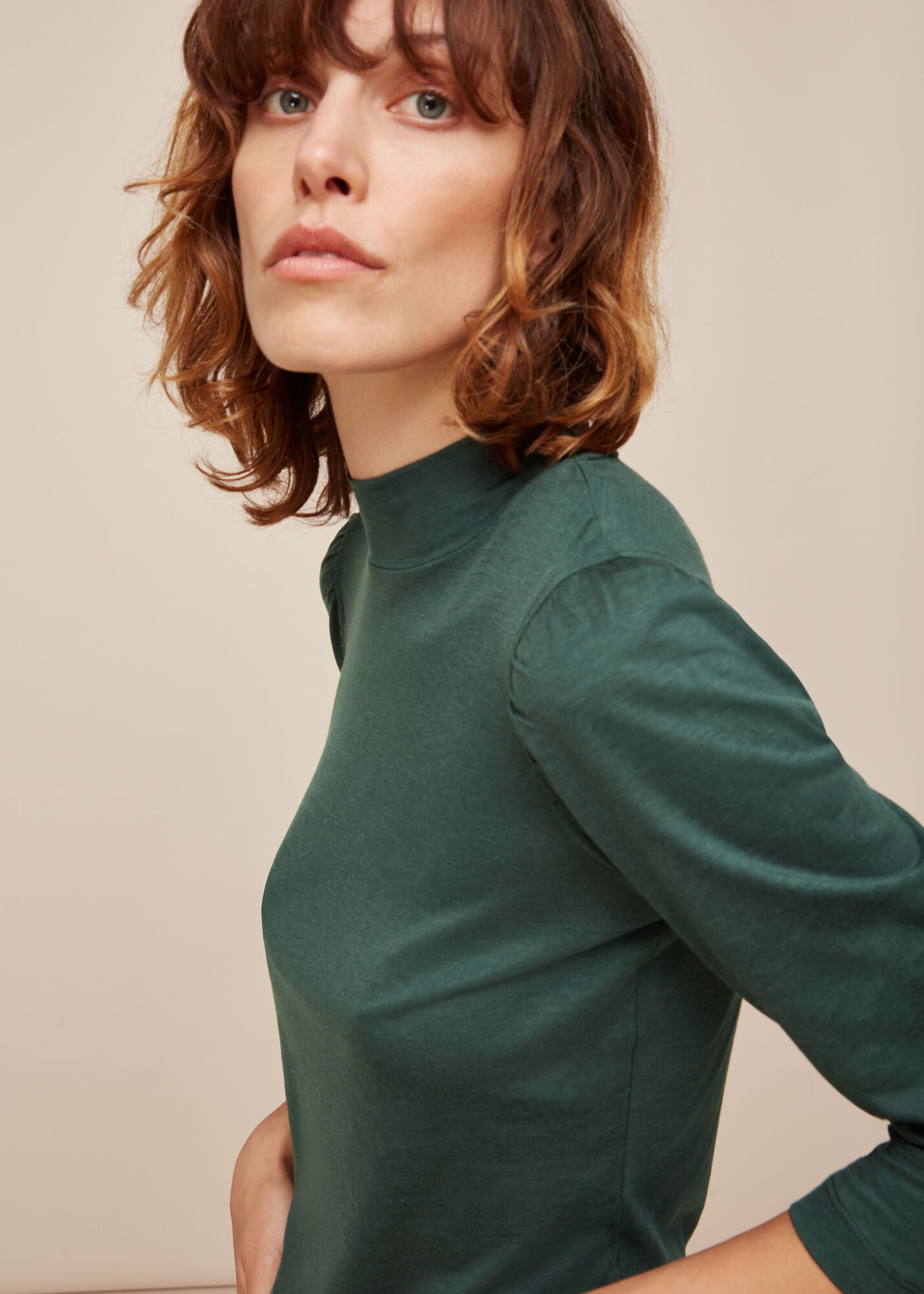 Dark Green High Neck Puff Sleeve Top | WHISTLES | Whistles UK