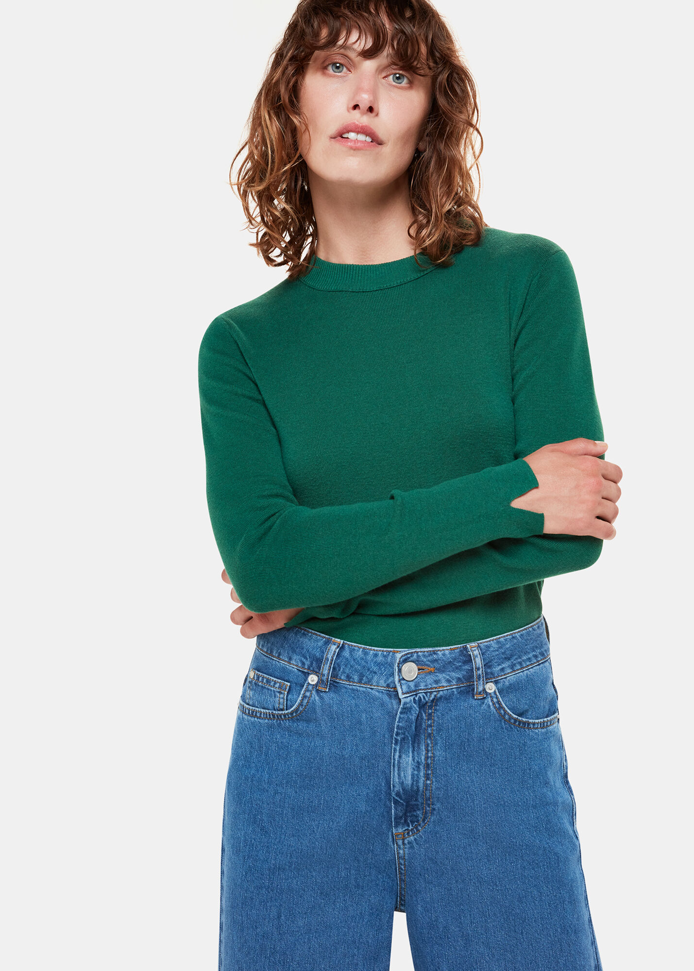 Dark Green Mia Fitted Crew Neck Knit | WHISTLES | Whistles UK