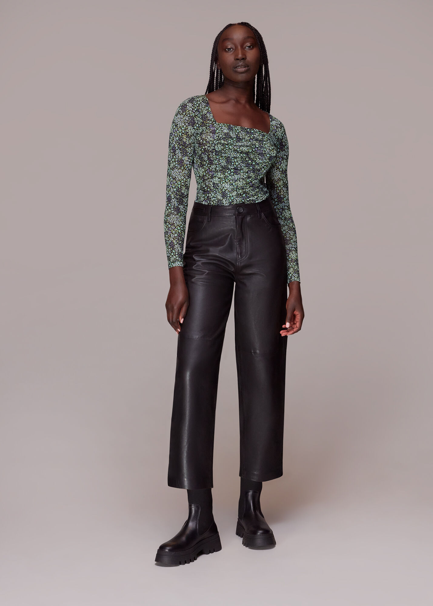 Green/Multi Mesh Square Neck Gathered Top | WHISTLES | Whistles UK