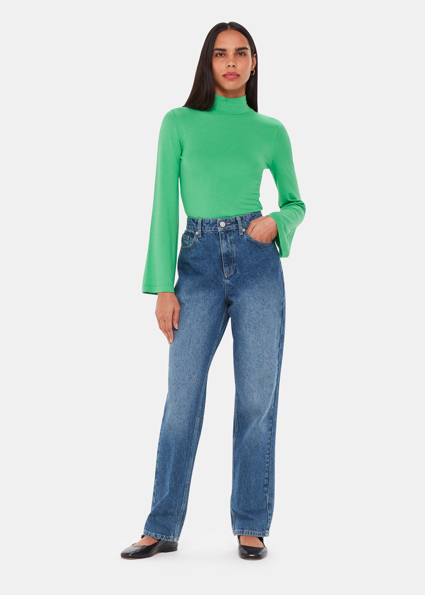 Green Wide Sleeve High Neck Top | WHISTLES | Whistles UK