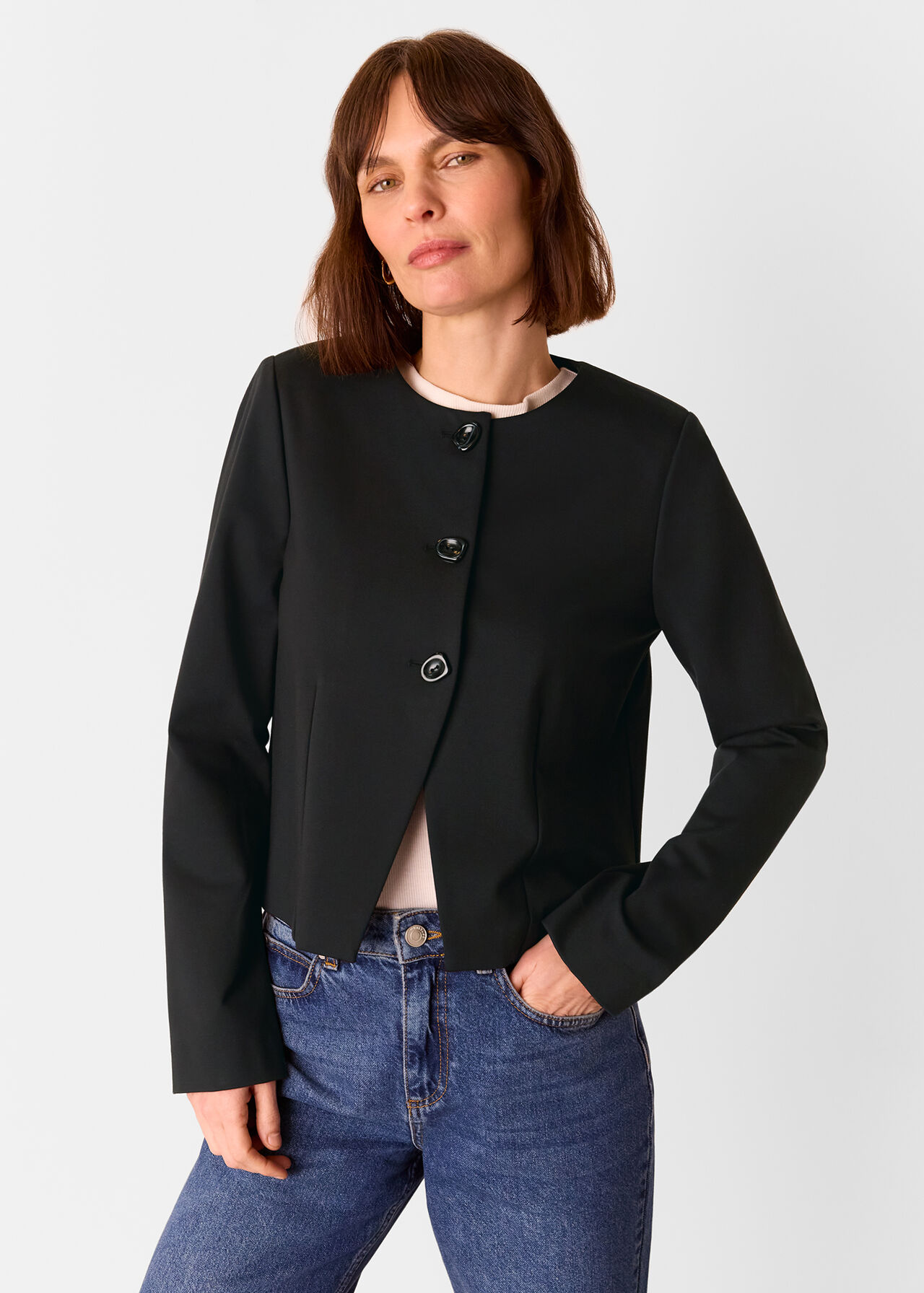 Black Anne Ponte Button Jacket | WHISTLES | Whistles UK