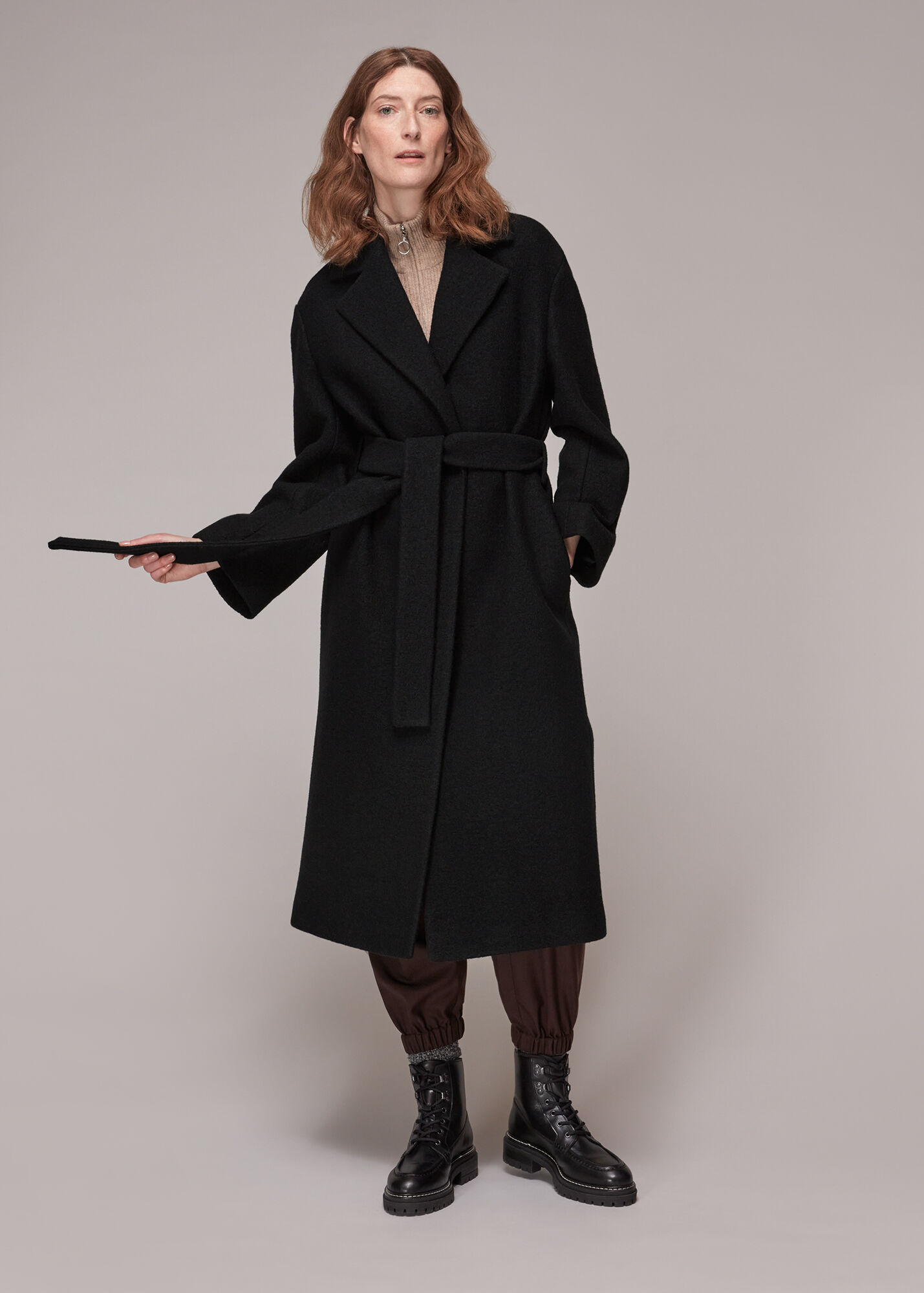 Black Tie Waist Wool Coat | WHISTLES | Whistles UK