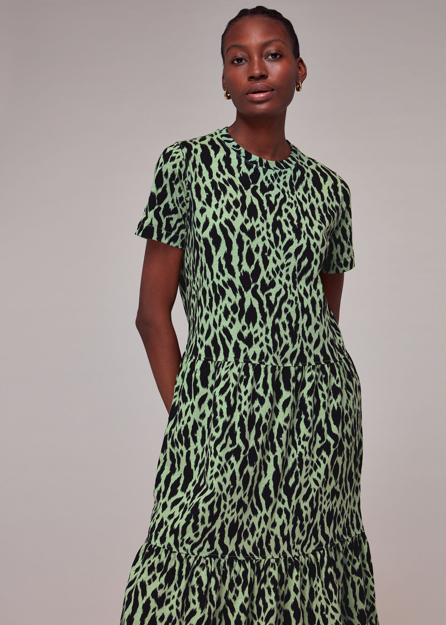 Green/Multi Zebra Tiered Jersey Dress | WHISTLES | Whistles UK