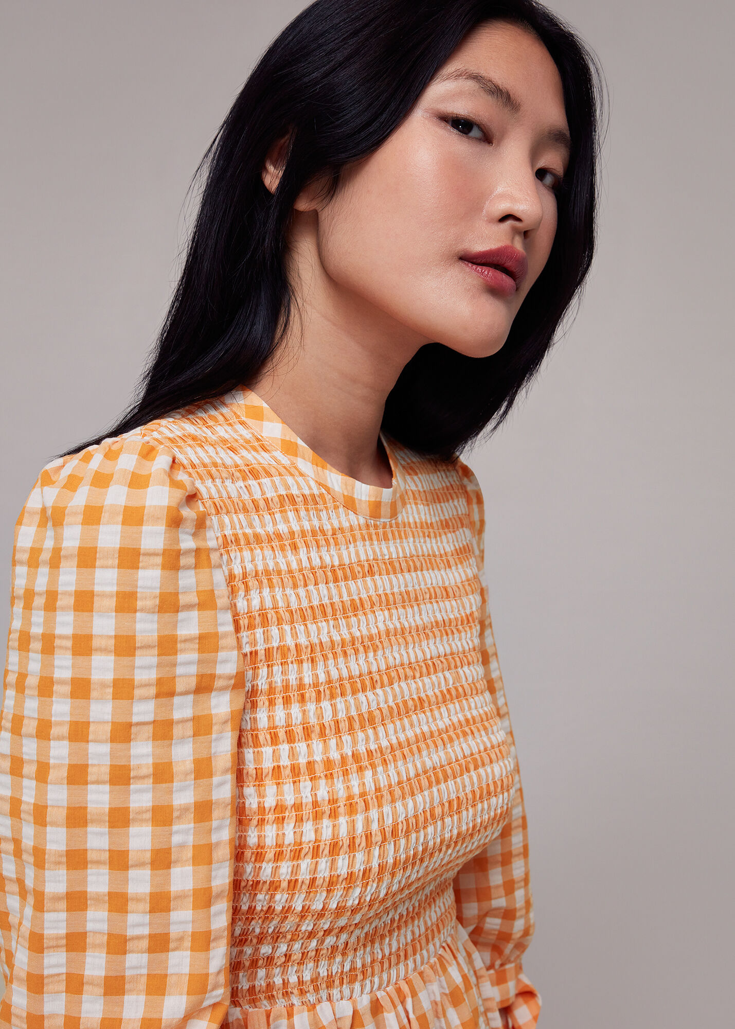 Orange/Multi Gingham Check Shirred Dress | WHISTLES | Whistles UK