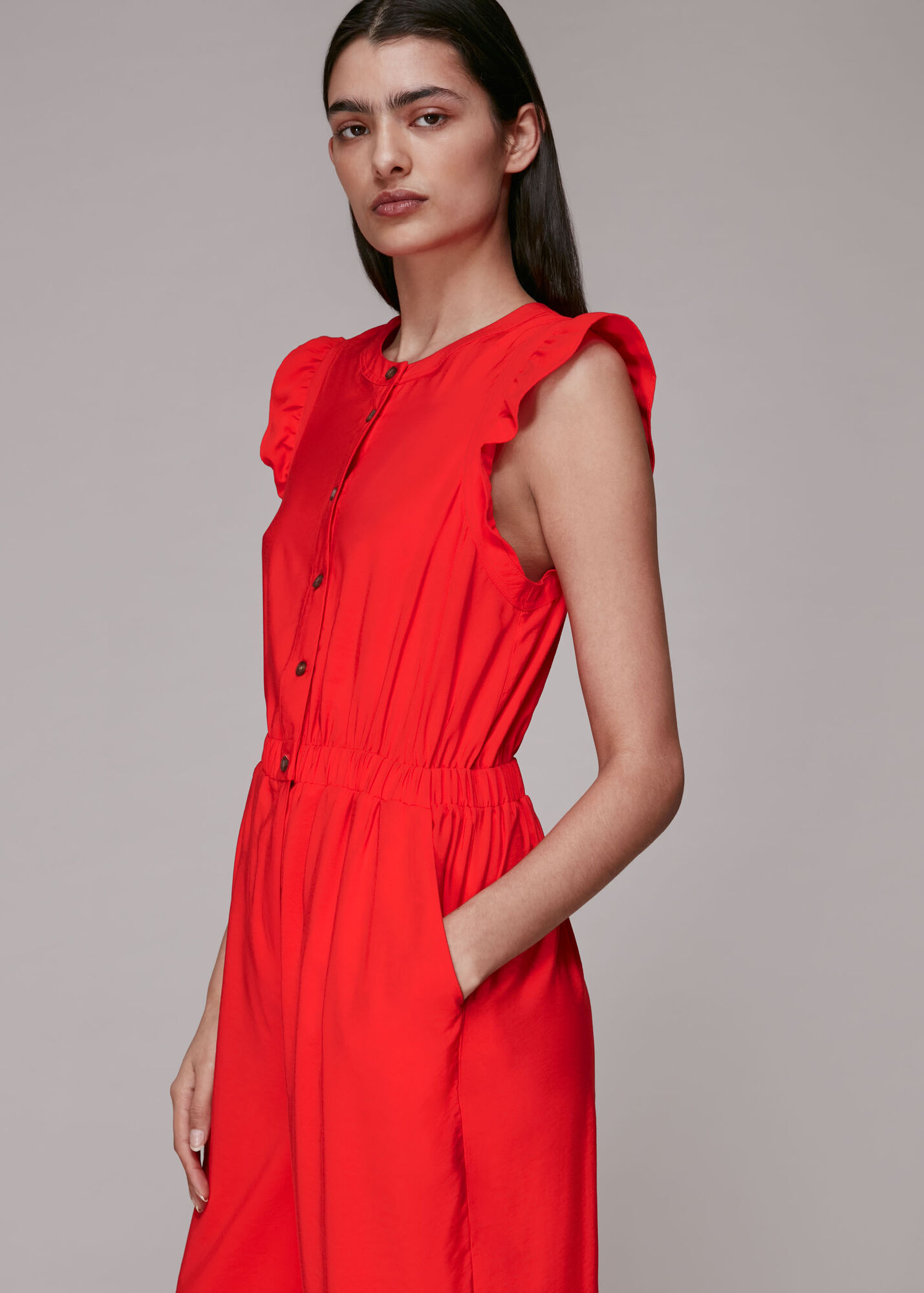 Red Frill Sleeve Button Jumpsuit | WHISTLES | Whistles UK