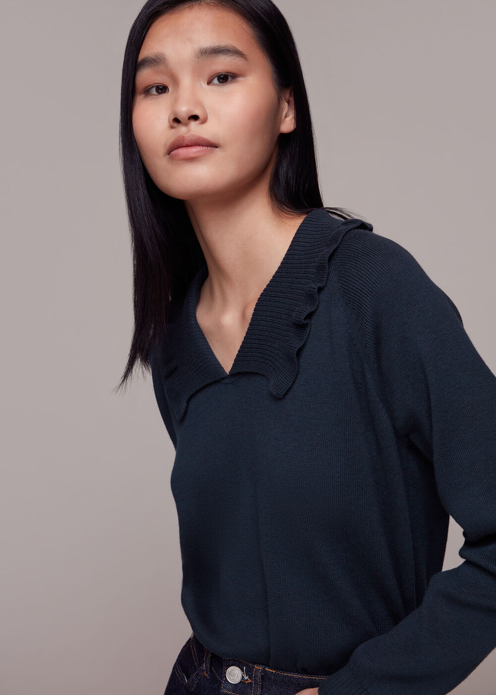 Women's Navy Frill Collar Sweater | Whistles US