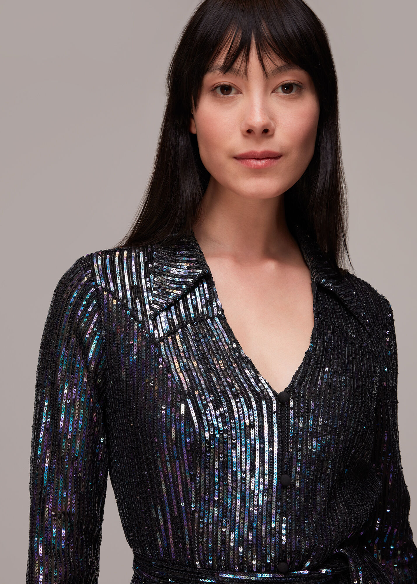 Black/Multi Stripe Sequin Midi Dress | WHISTLES | Whistles UK