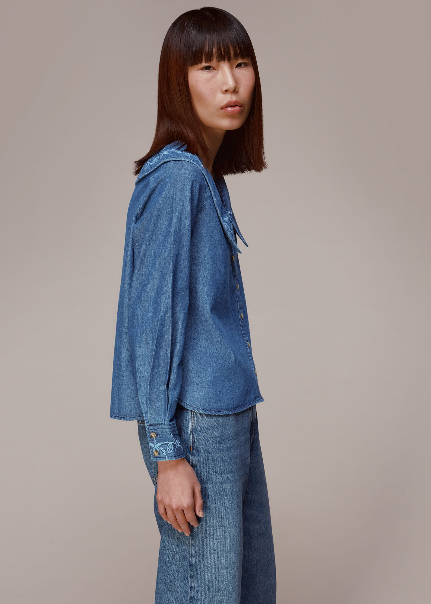 Denim Embroidered Collar Denim Top | WHISTLES | Whistles UK