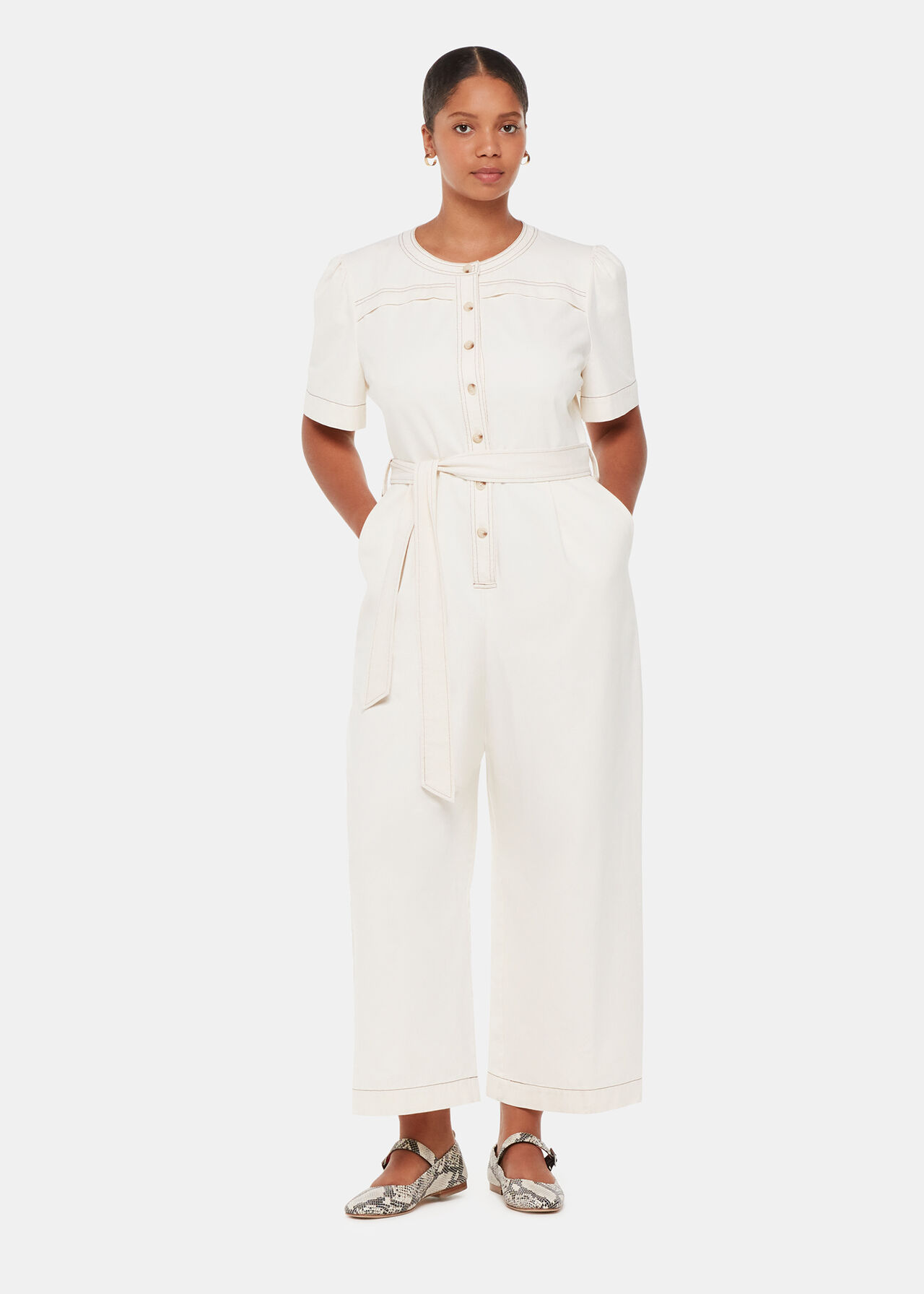 Ivory Denim Short Sleeve Button Front Jumpsuit | Whistles UK | Whistles ...