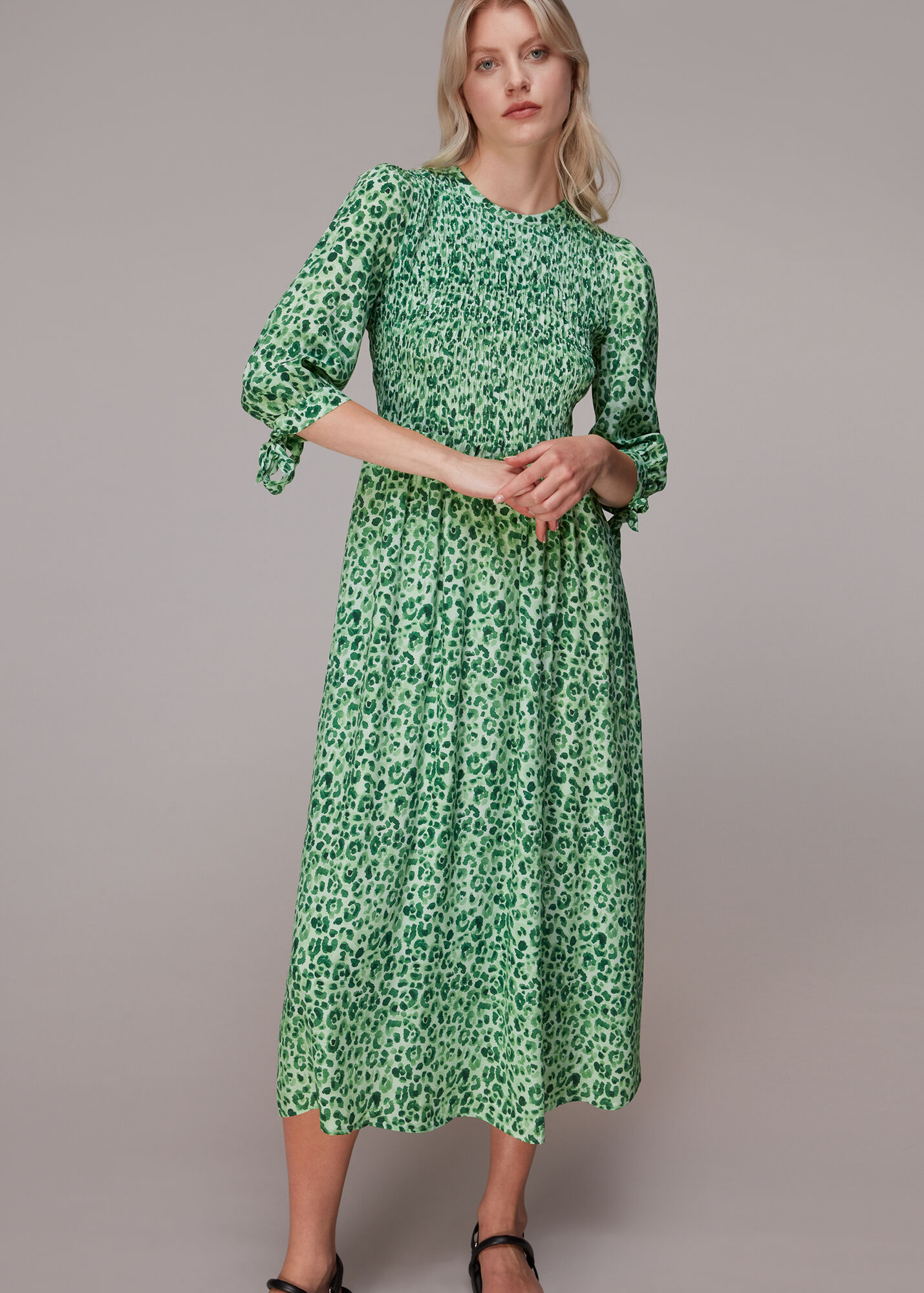 Green/Multi Cheetah Print Shirred Dress | WHISTLES | Whistles UK