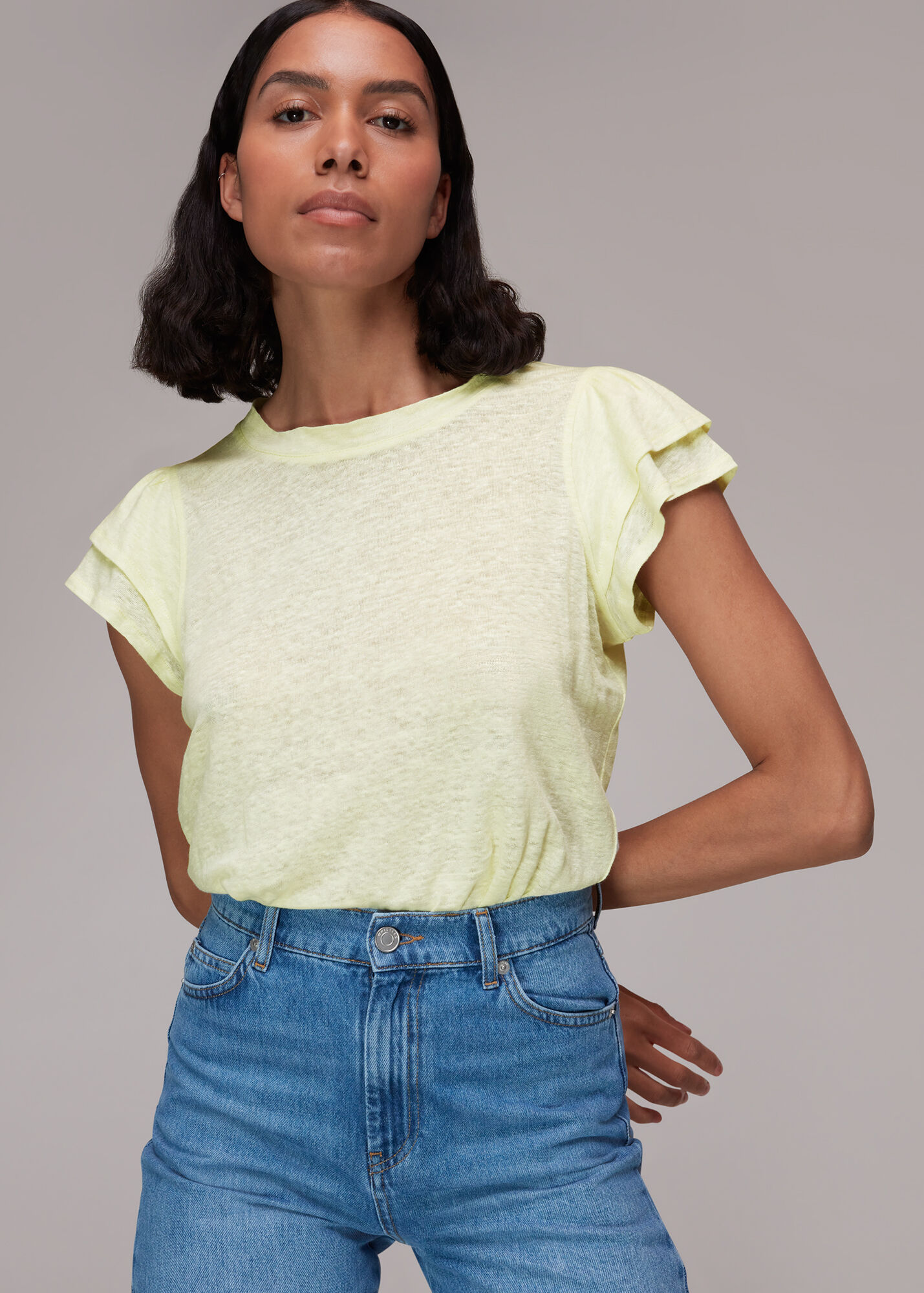 Yellow Laura Linen Frill Sleeve Top | WHISTLES
