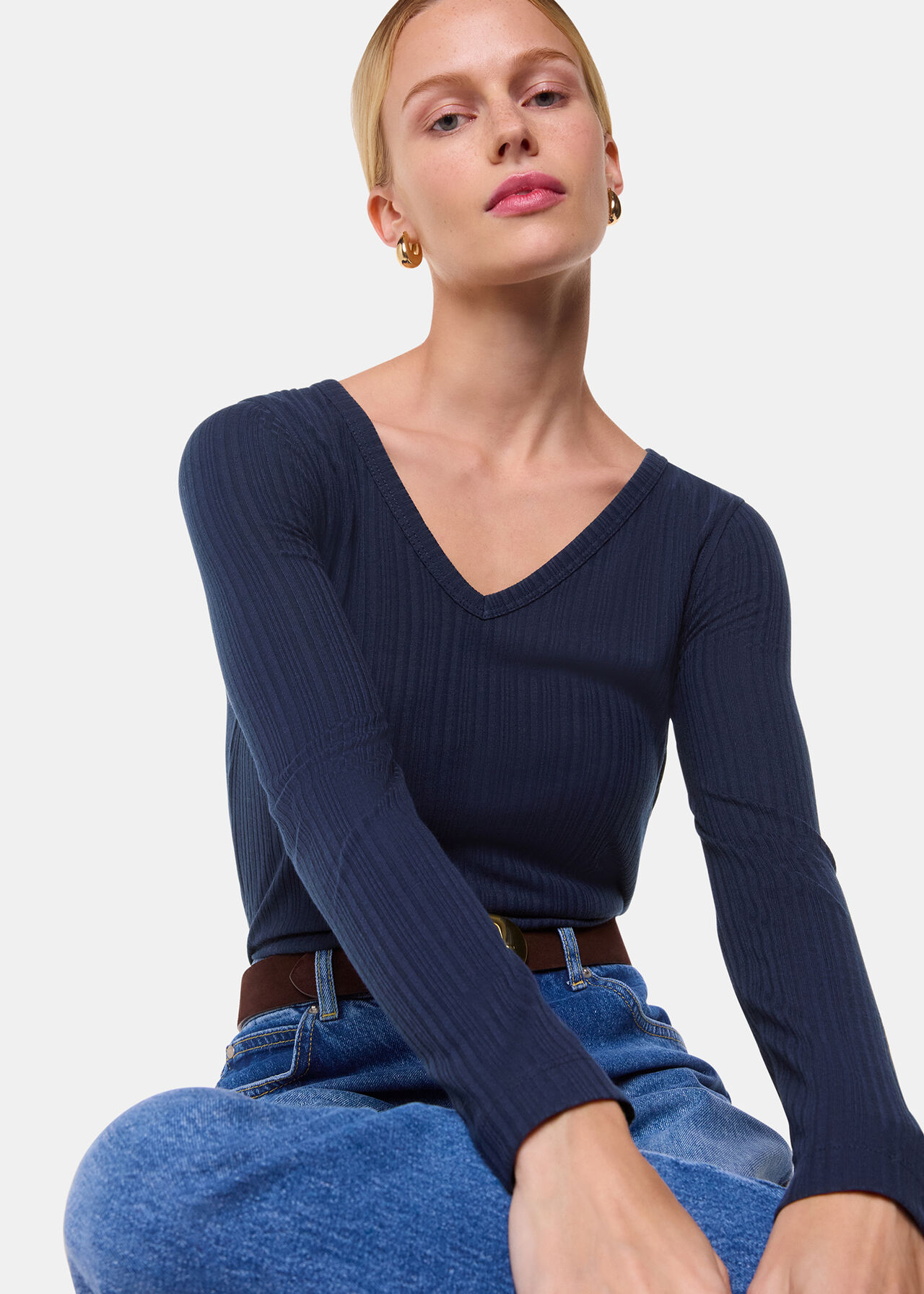 Navy Diagonal Rib V Neck Top | WHISTLES | Whistles UK